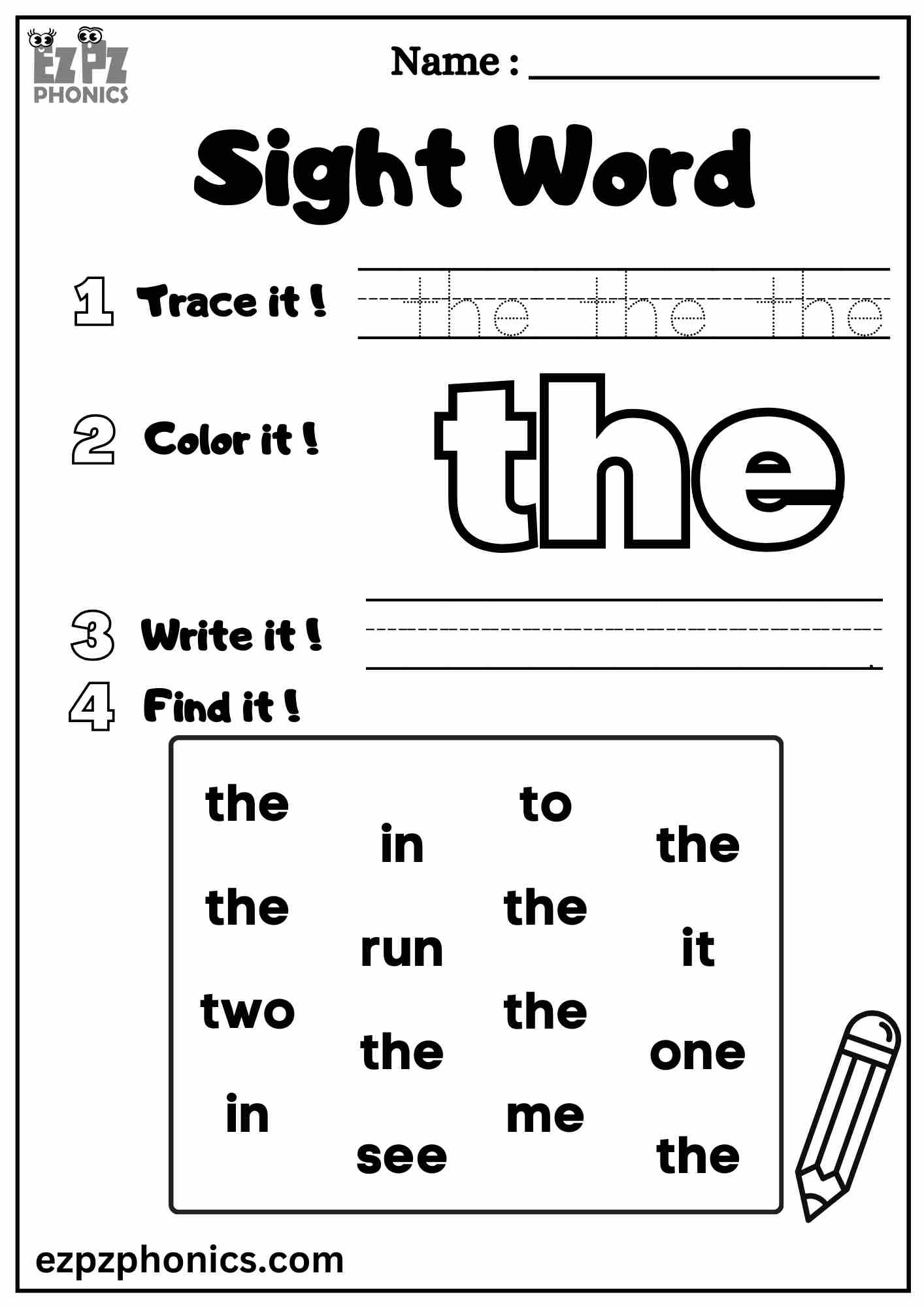 The "The" Sight Word Worksheet for Pre-Kindergarten Dolch Sight Words ...