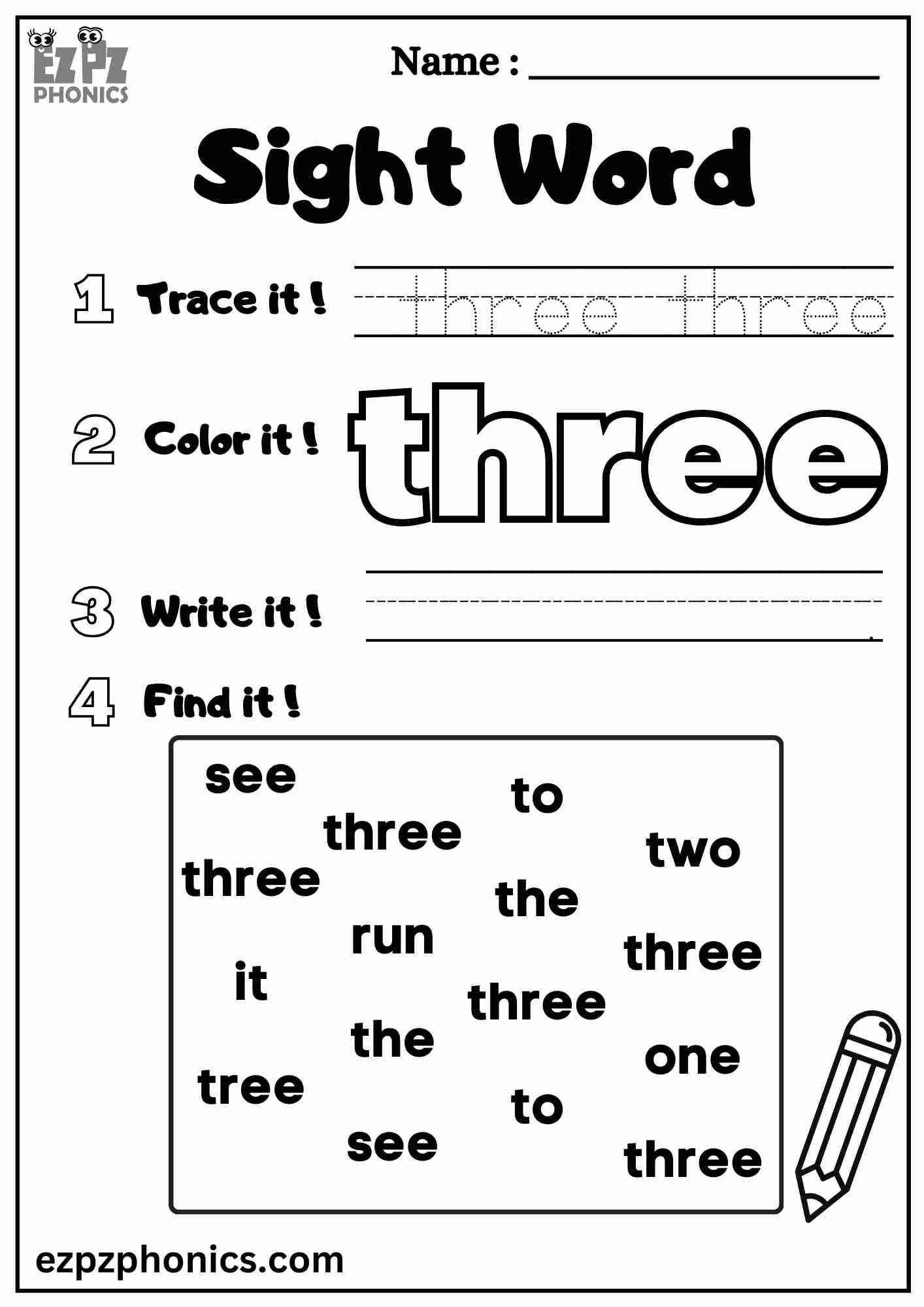 The "Three" Sight Word Worksheet for Pre-Kindergarten Dolch Sight Words ...