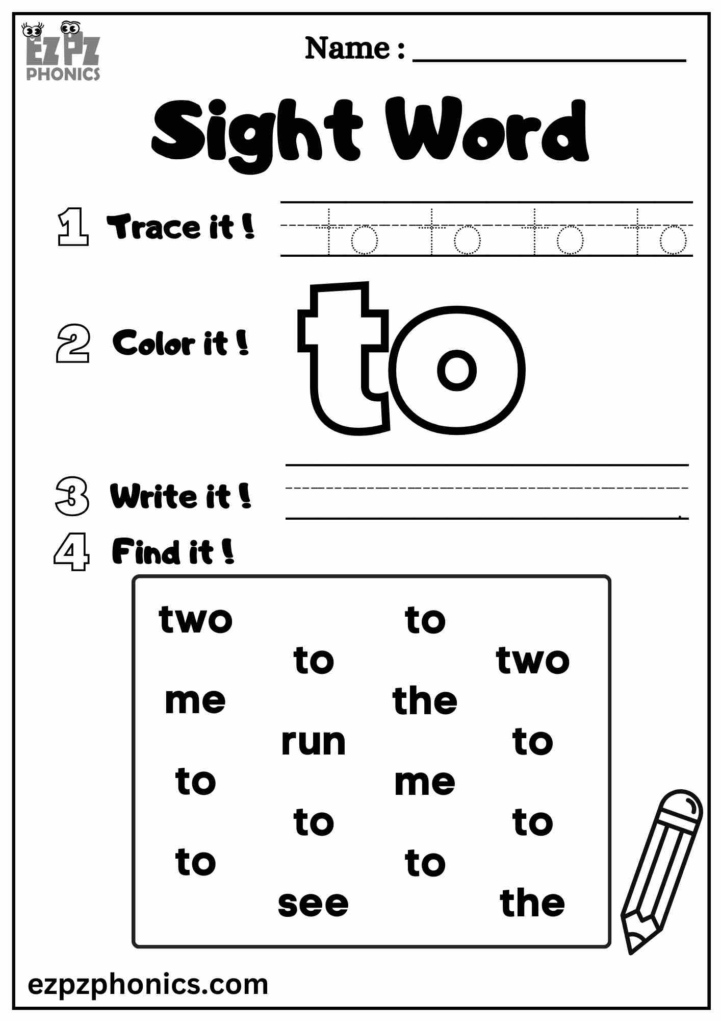The "To" Sight Word Worksheet for Pre-Kindergarten Dolch Sight Words ...