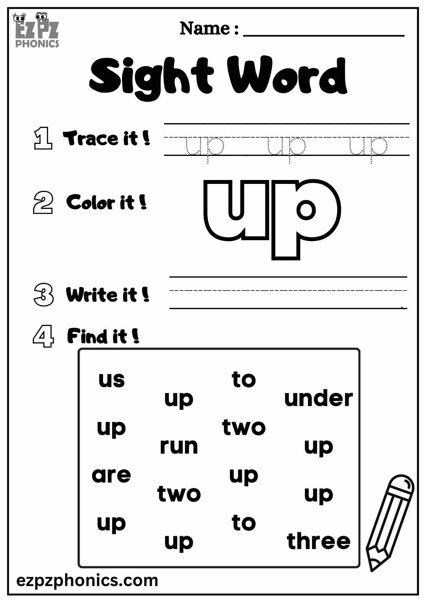 The "Up" Sight Word Worksheet for Pre-Kindergarten Dolch Sight Words ...