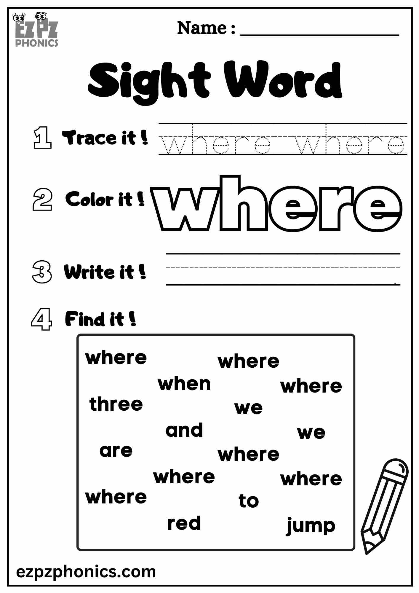 The "Where" Sight Word Worksheet for Pre-Kindergarten Dolch Sight Words ...