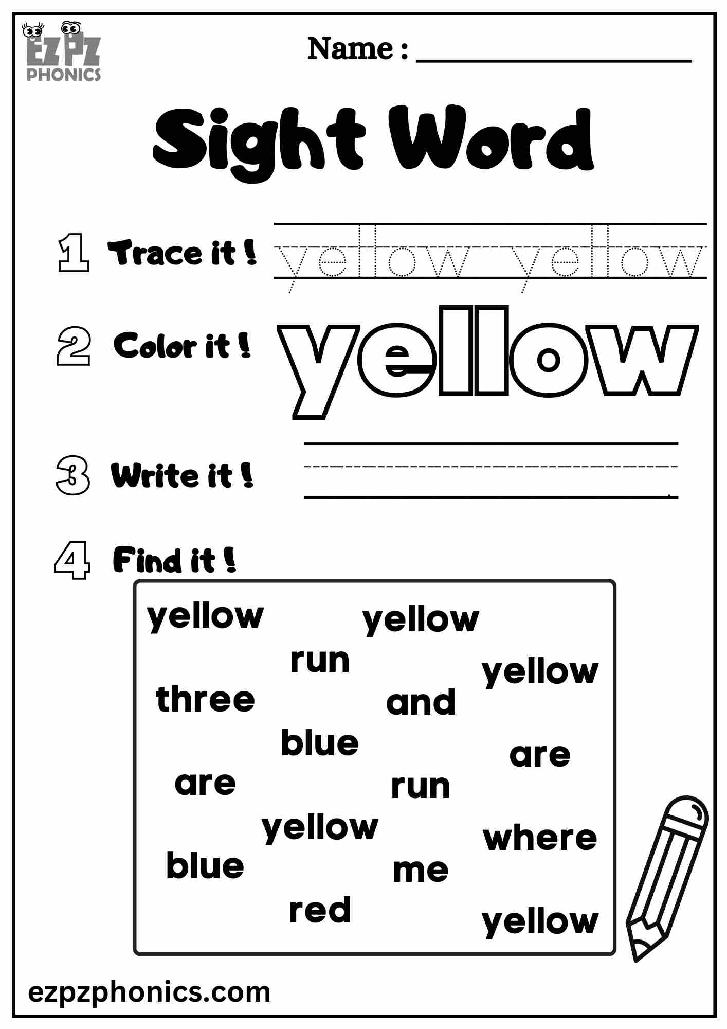 The "Yellow" Sight Word Worksheet for Pre-Kindergarten Dolch Sight ...