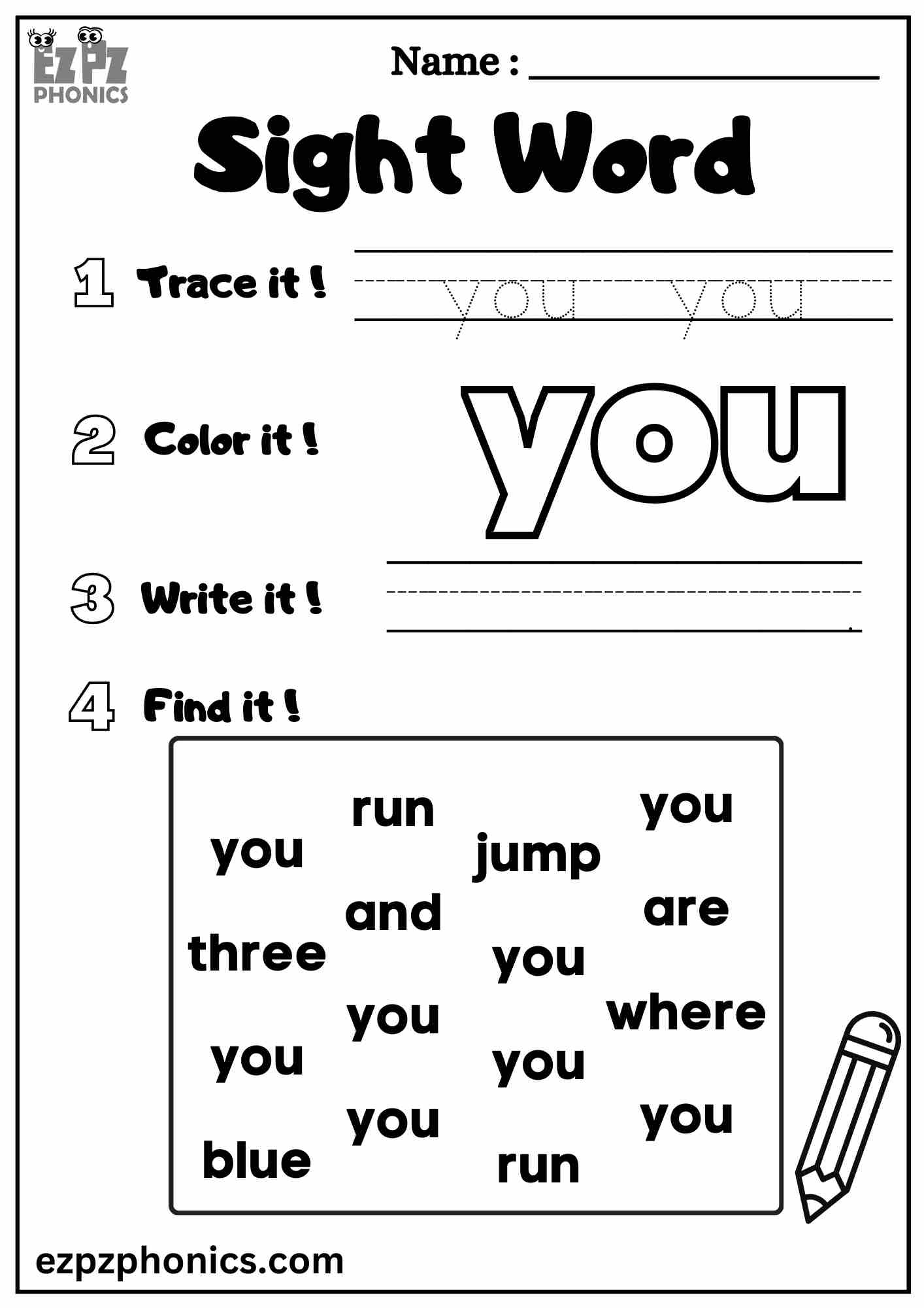 The "You" Sight Word Worksheet for Pre-Kindergarten Dolch Sight Words ...
