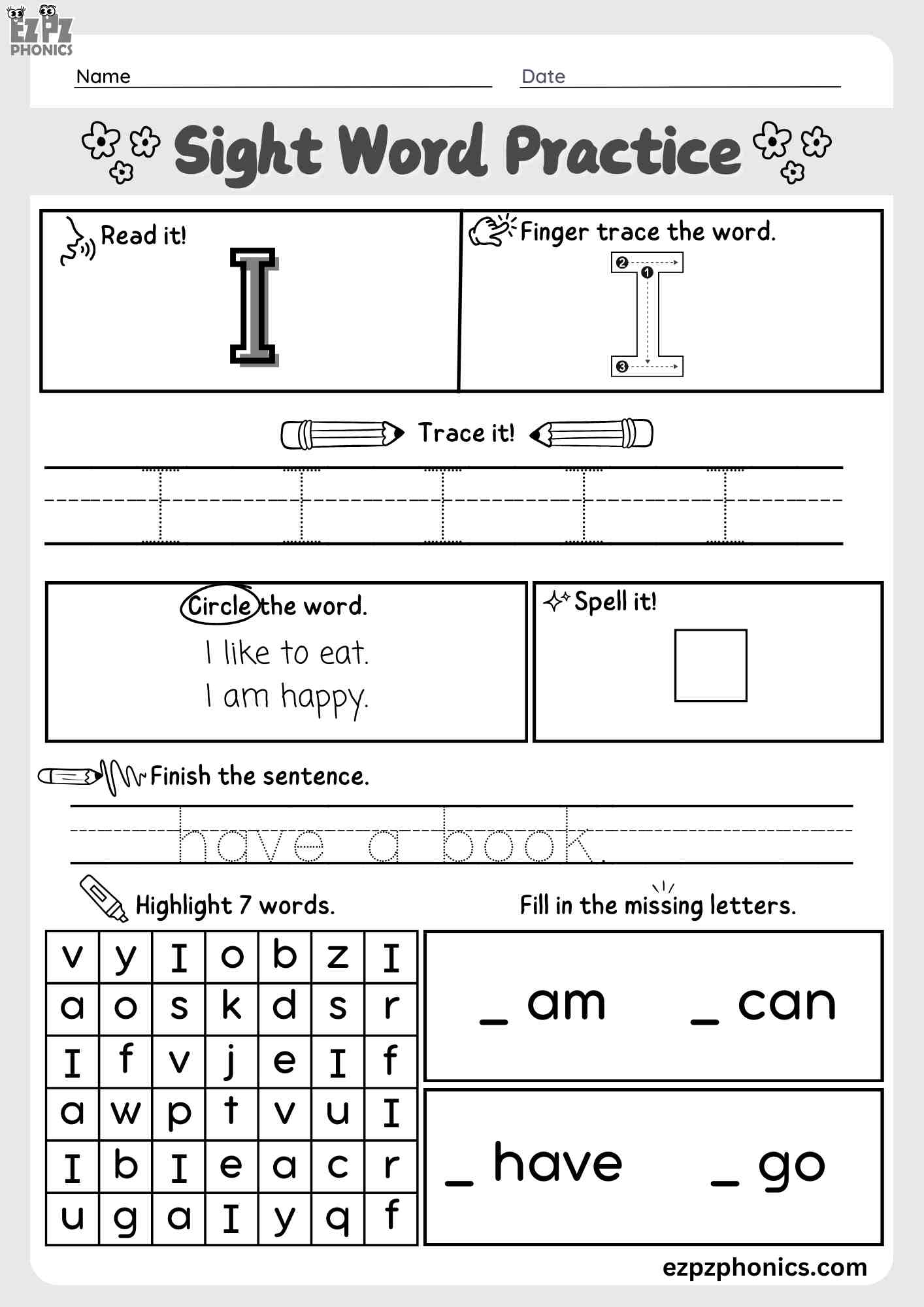 The Word "I" Dolch Sight Word Worksheet Activity for Pre-Kindergarten ...