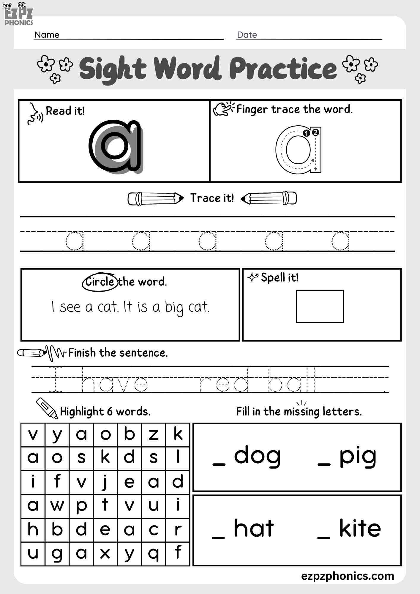 The Word "A" Dolch Sight Word Worksheet Activity for pre-kindergarten ...