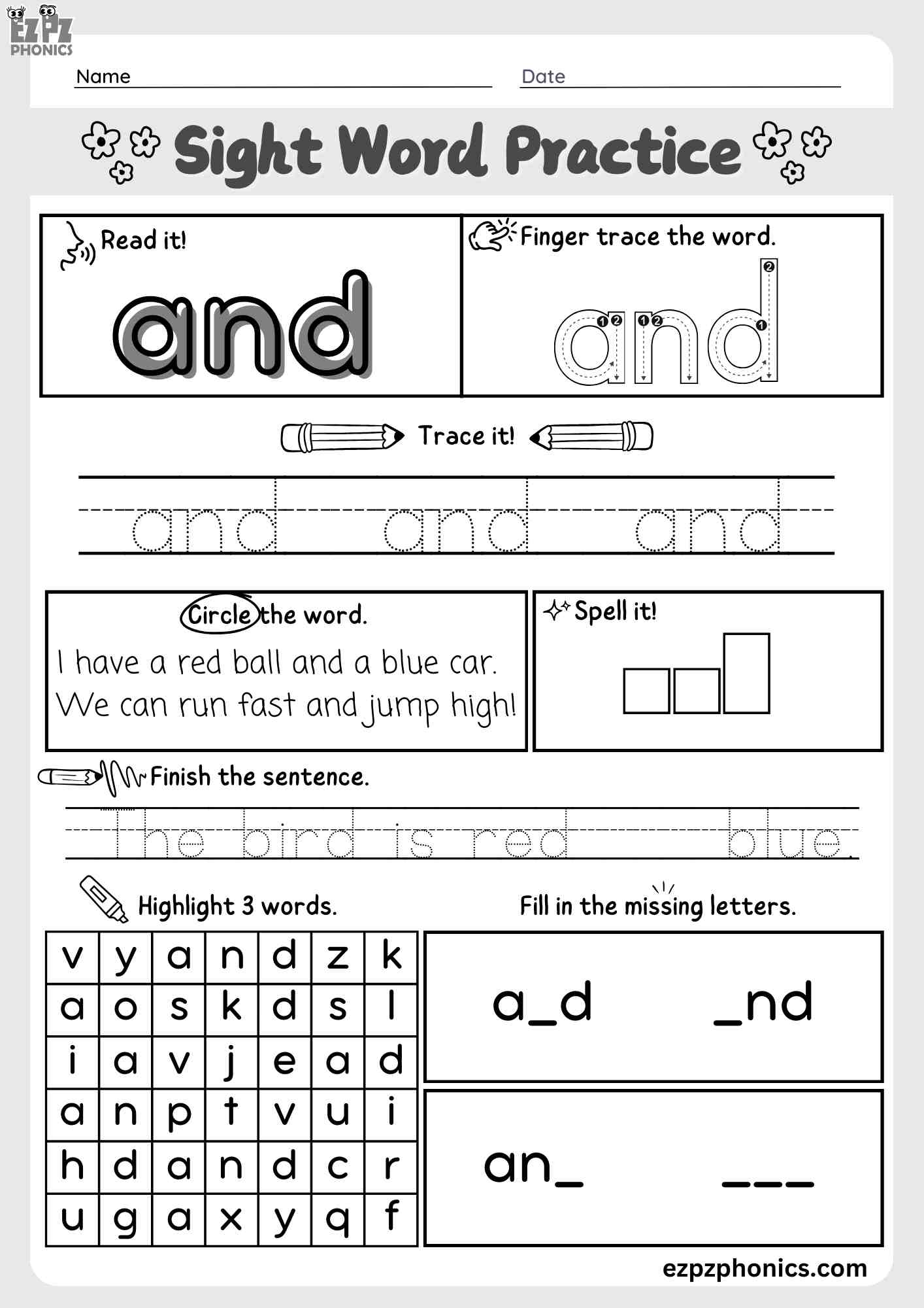 The Word "And" Dolch Sight Word Worksheet Activity. For pre ...