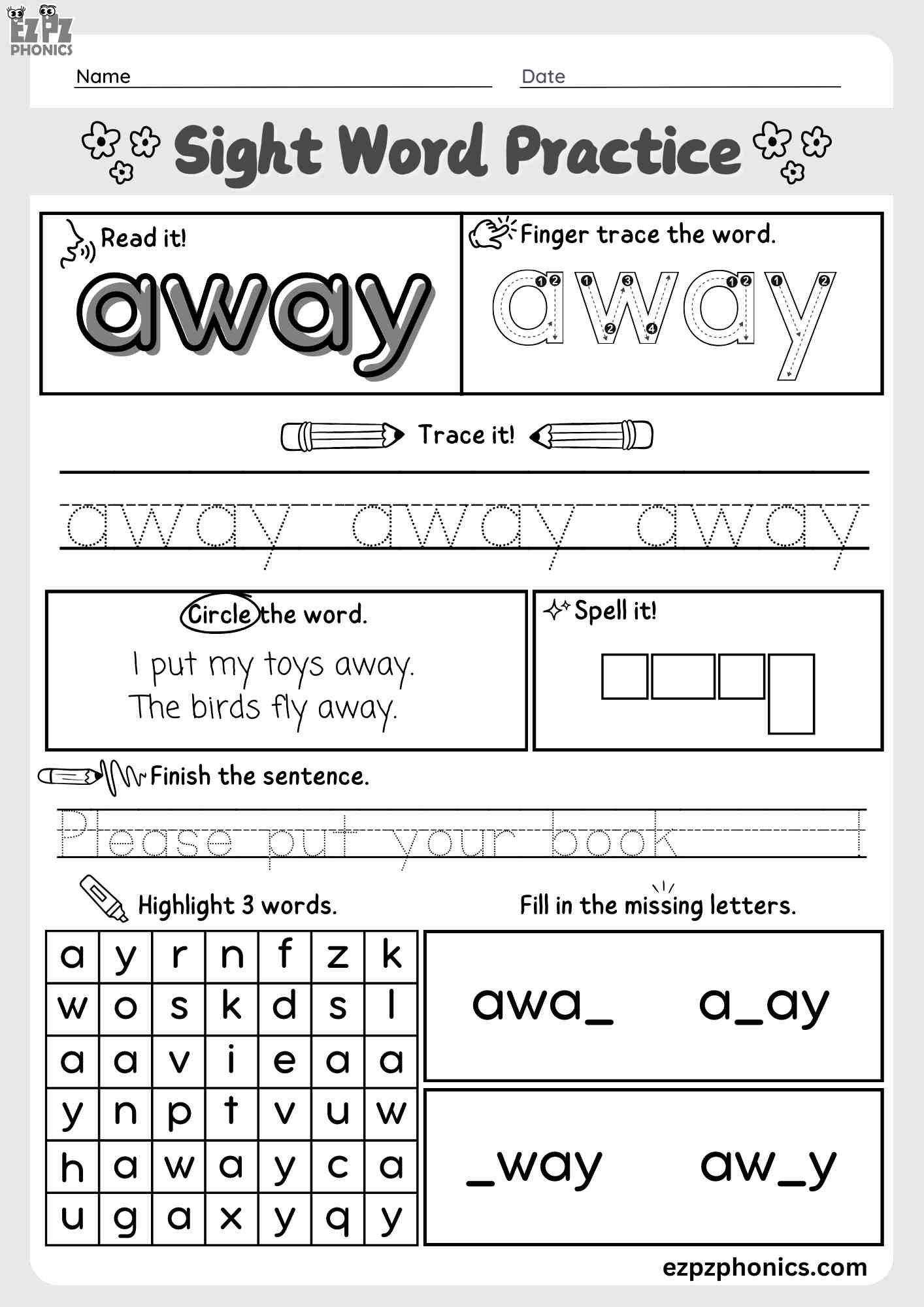 The Word "Away" Dolch Sight Word Worksheet Activity for Pre ...