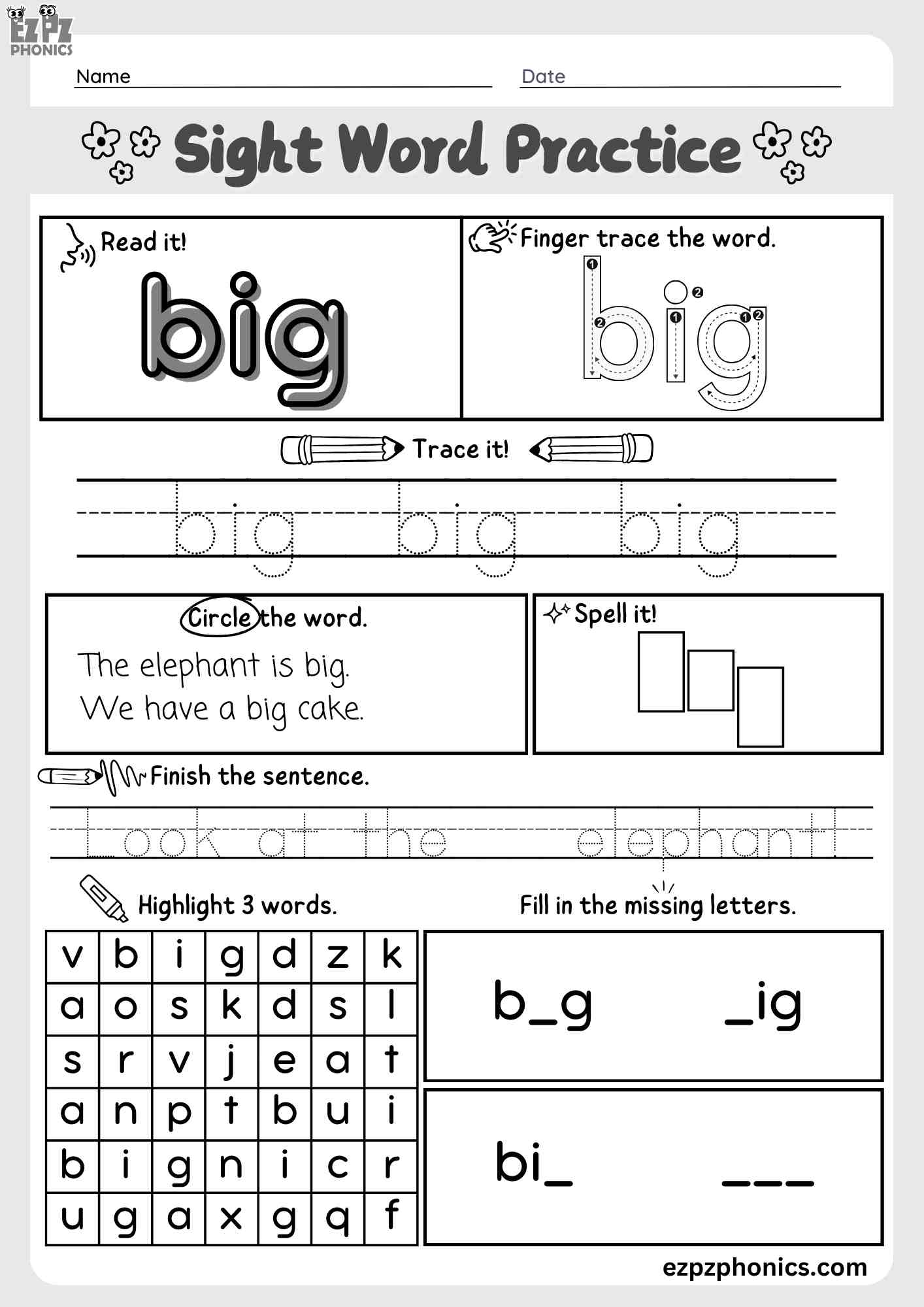 The Word "Big" Dolch Sight Word Worksheet Activity for Pre-Kindergarten ...