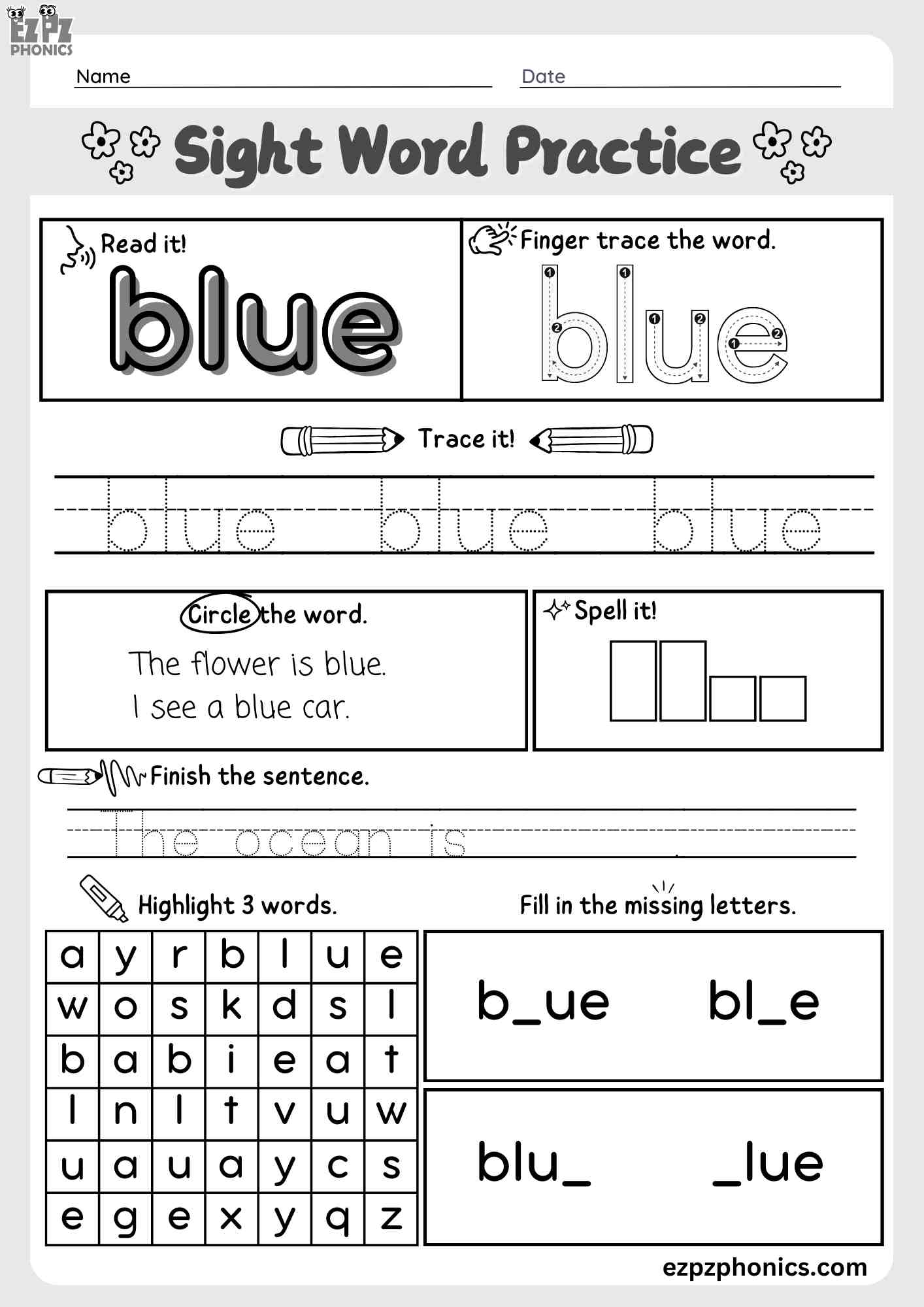 The Word "Blue" Dolch Sight Word Worksheet Activity for Pre ...