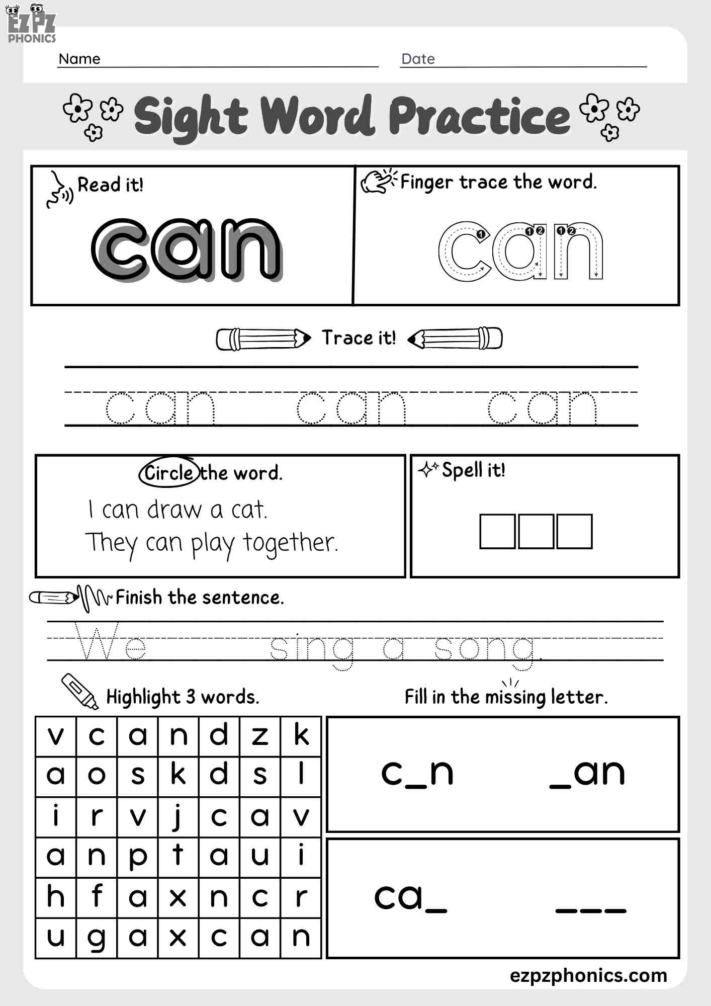 The Word "Can" Dolch Sight Word Worksheet Activity for Pre-Kindergarten ...