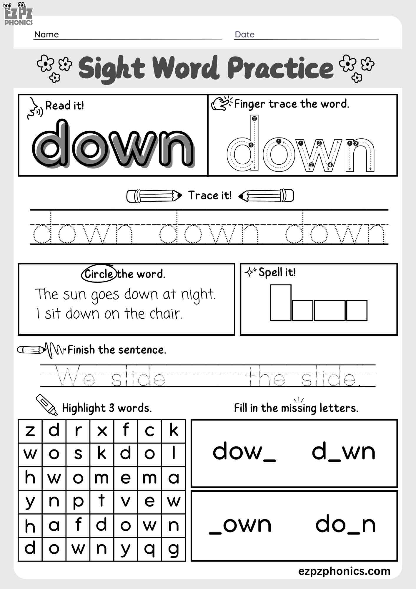 The Word "Down" Dolch Sight Word Worksheet Activity for Pre ...