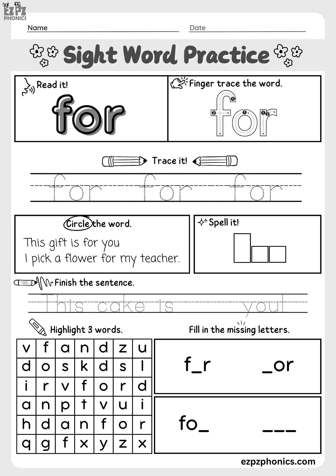 The Word "For" Dolch Sight Word Worksheet Activity for Pre-Kindergarten ...