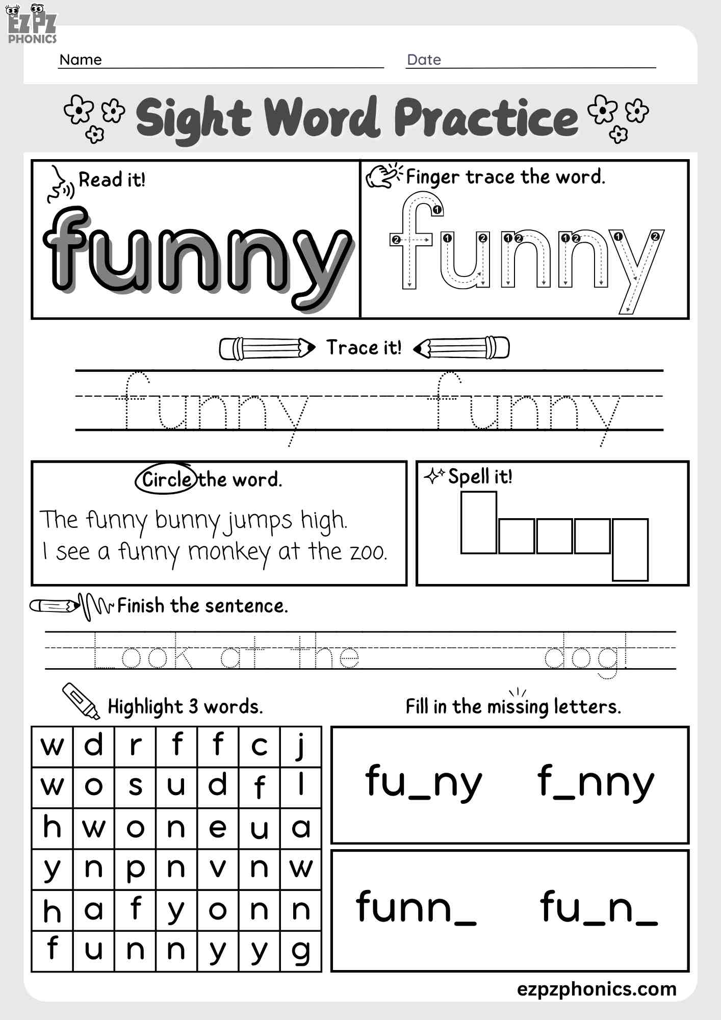 The Word "Funny" Dolch Sight Word Worksheet Activity for Pre ...