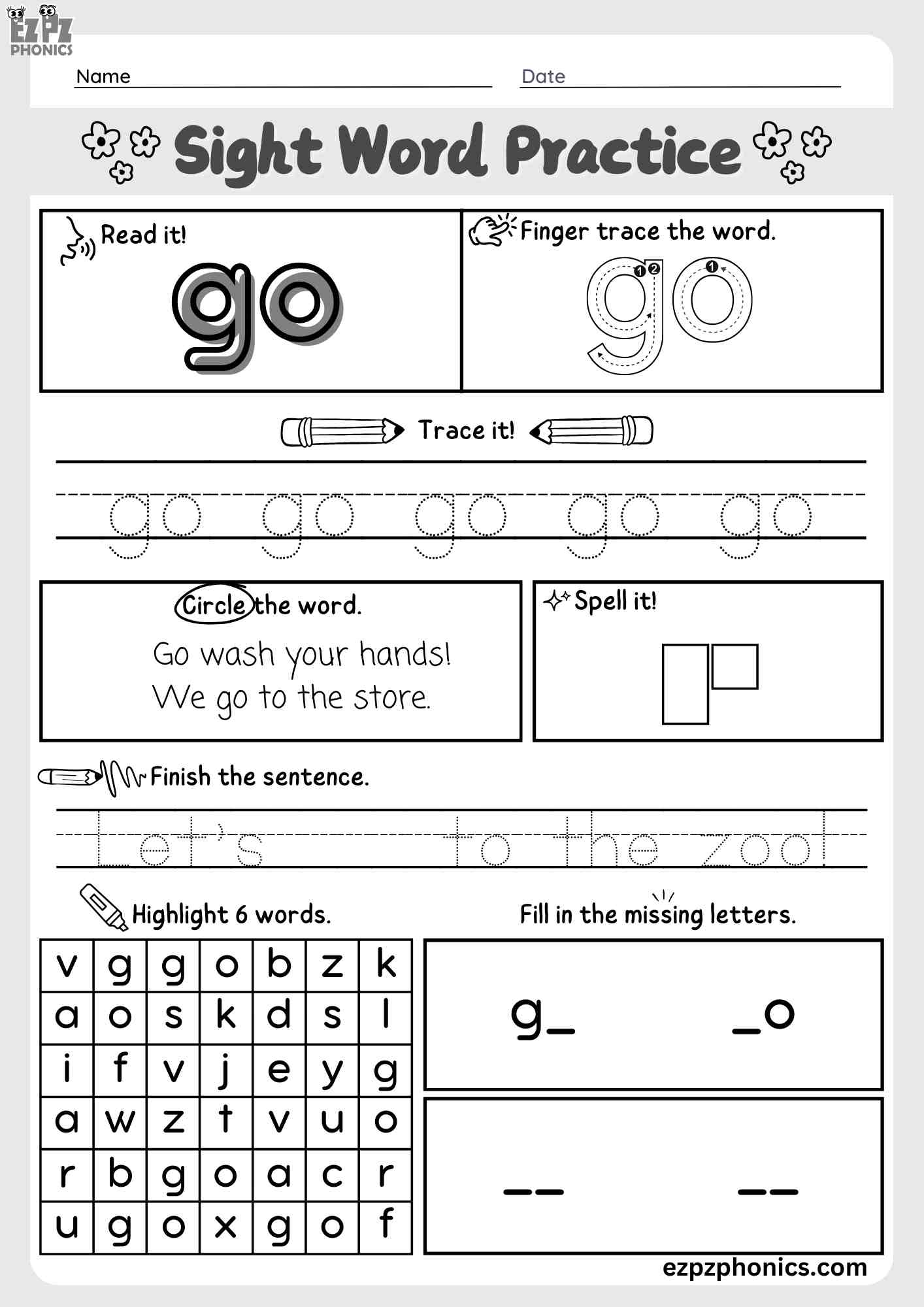 The Word "Go" Dolch Sight Word Worksheet Activity for Pre-Kindergarten ...