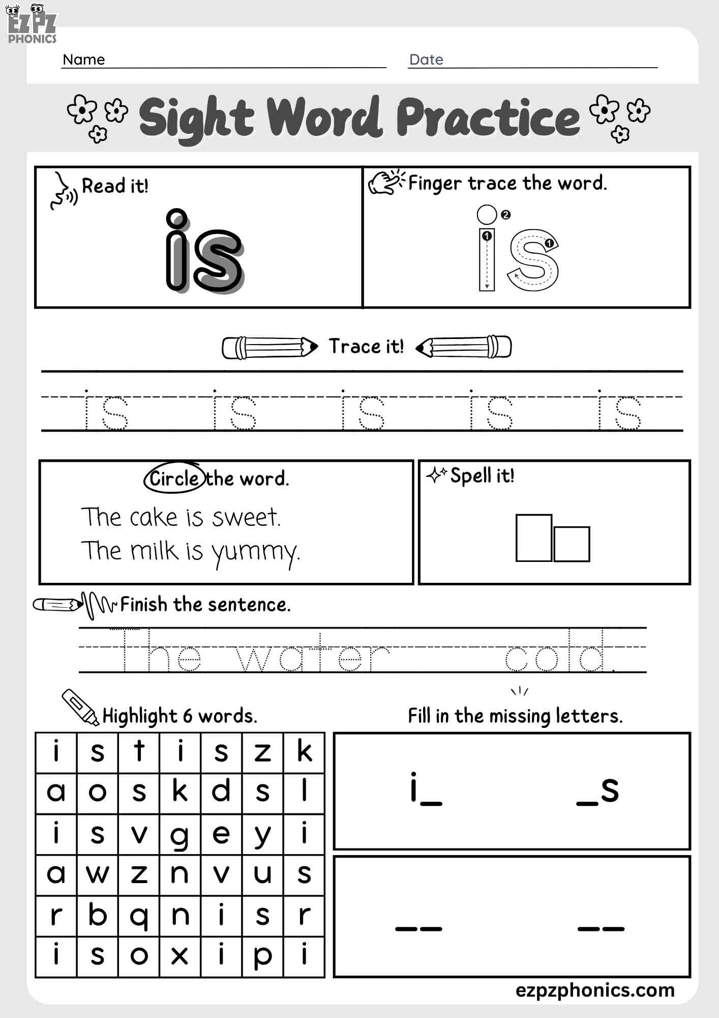 The Word "Is" Dolch Sight Word Worksheet Activity for Pre-Kindergarten ...