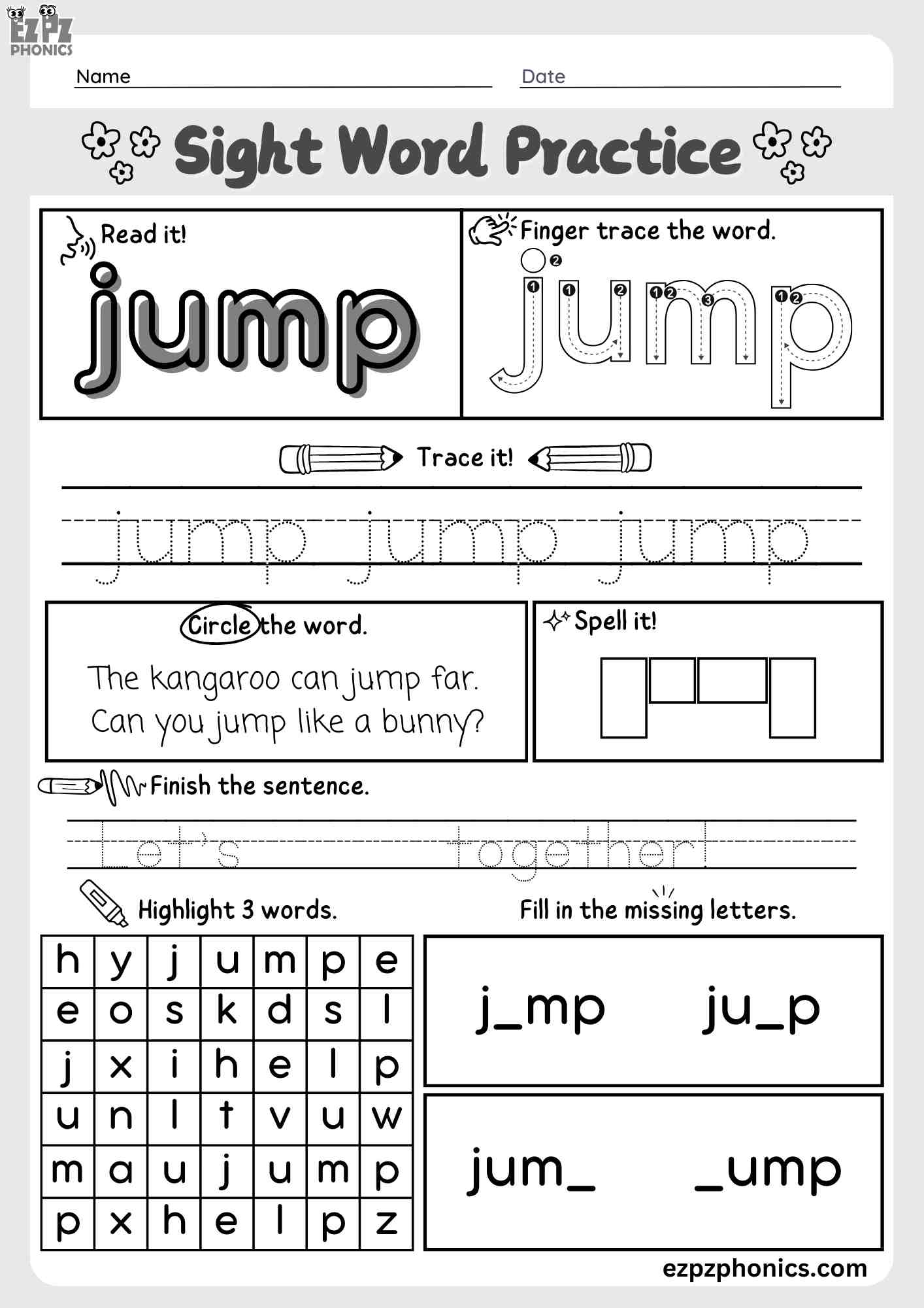 The Word "Jump" Dolch Sight Word Worksheet Activity for Pre ...