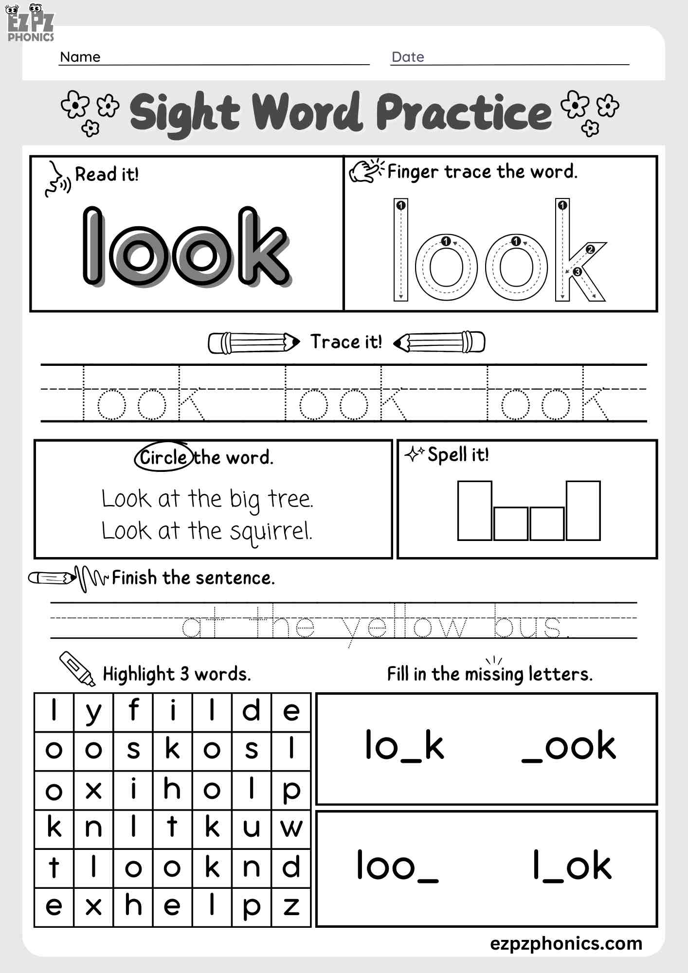 "Look" Dolch Sight Word Worksheet – Fun Activity for Early Readers Free ...