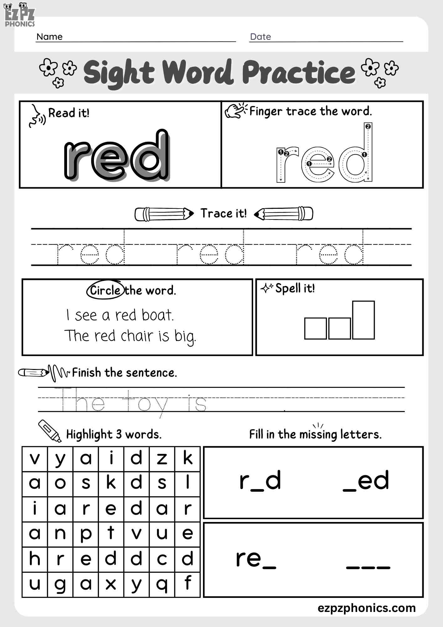 "Red" Dolch Sight Word Worksheet – Fun Activity for Early Readers ...
