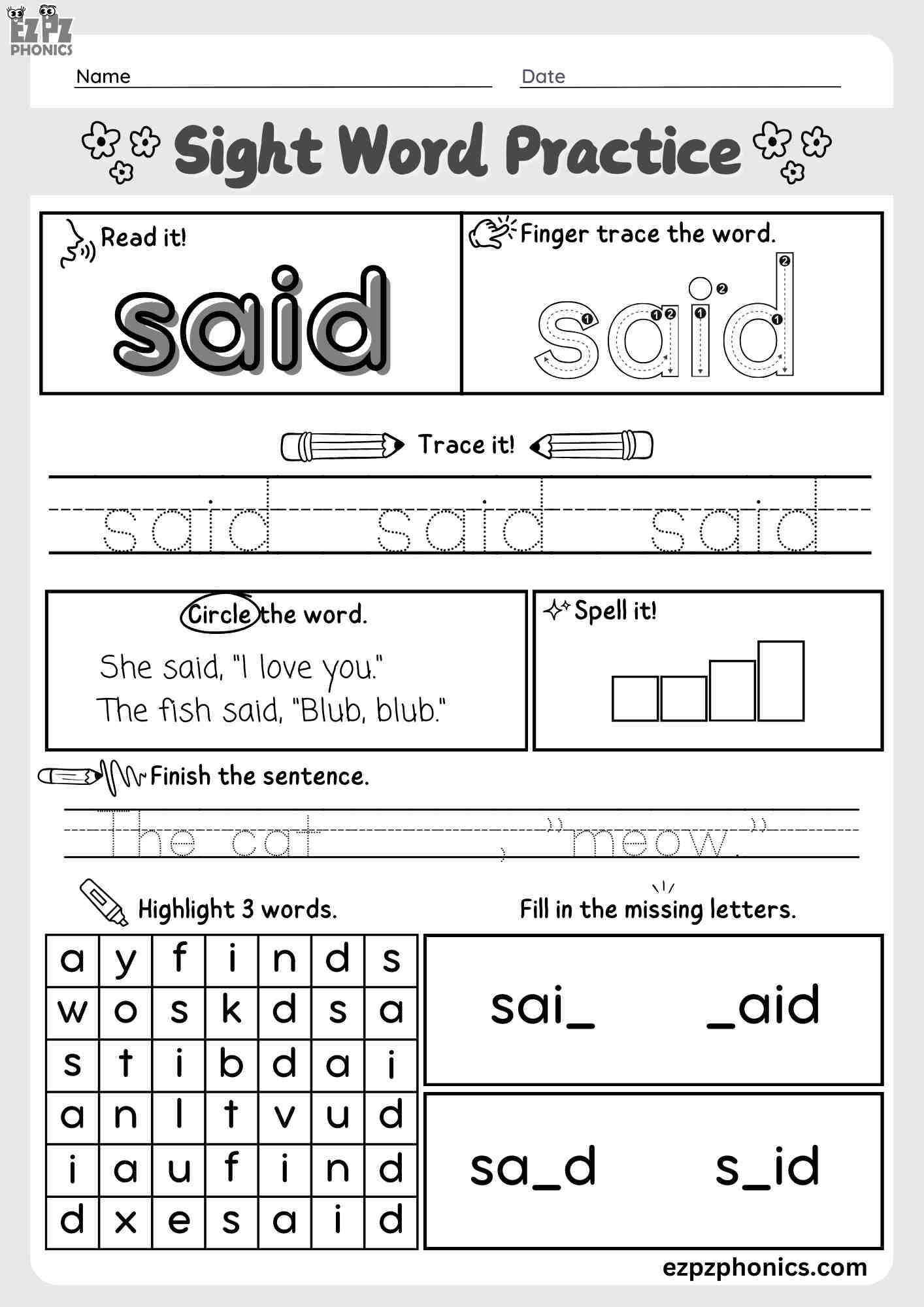 "Said" Dolch Sight Word Worksheet – Fun Activity for Early Readers ...
