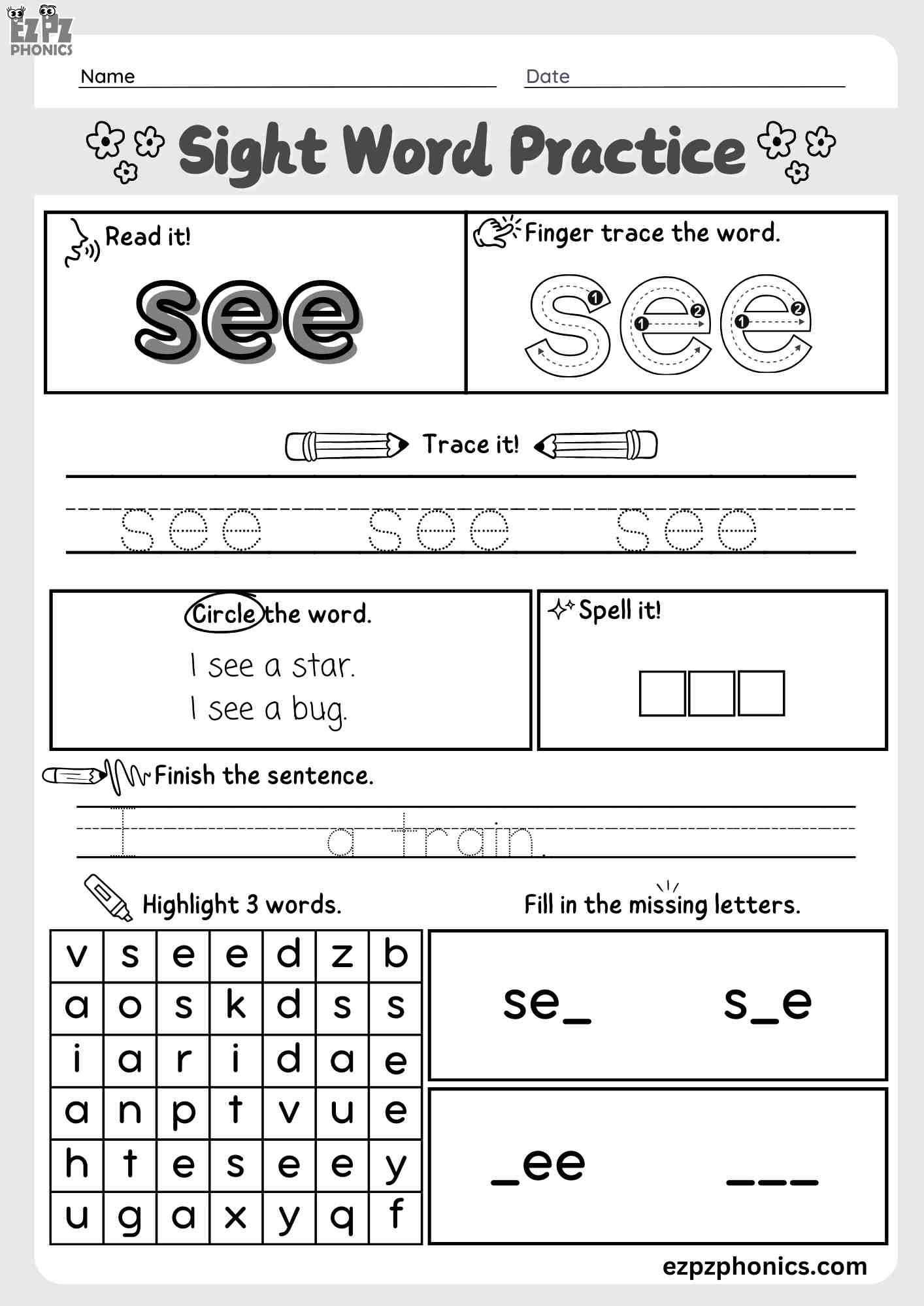 "See" Dolch Sight Word Worksheet – Fun Activity for Early Readers ...