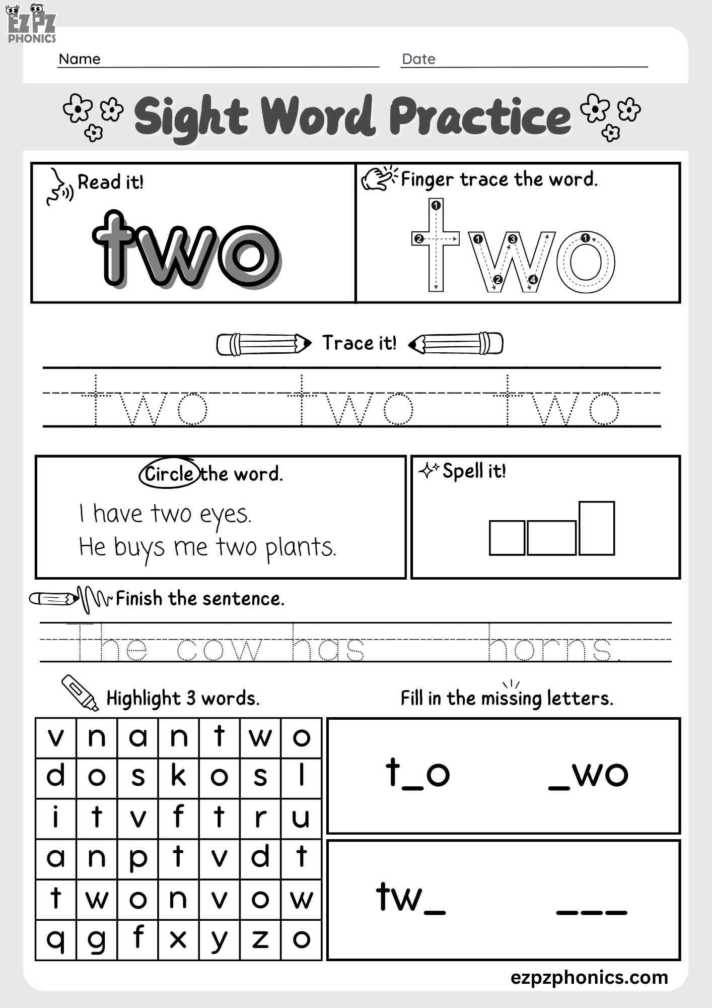 "Two" Dolch Sight Word Worksheet – Fun Activity for Early Readers ...