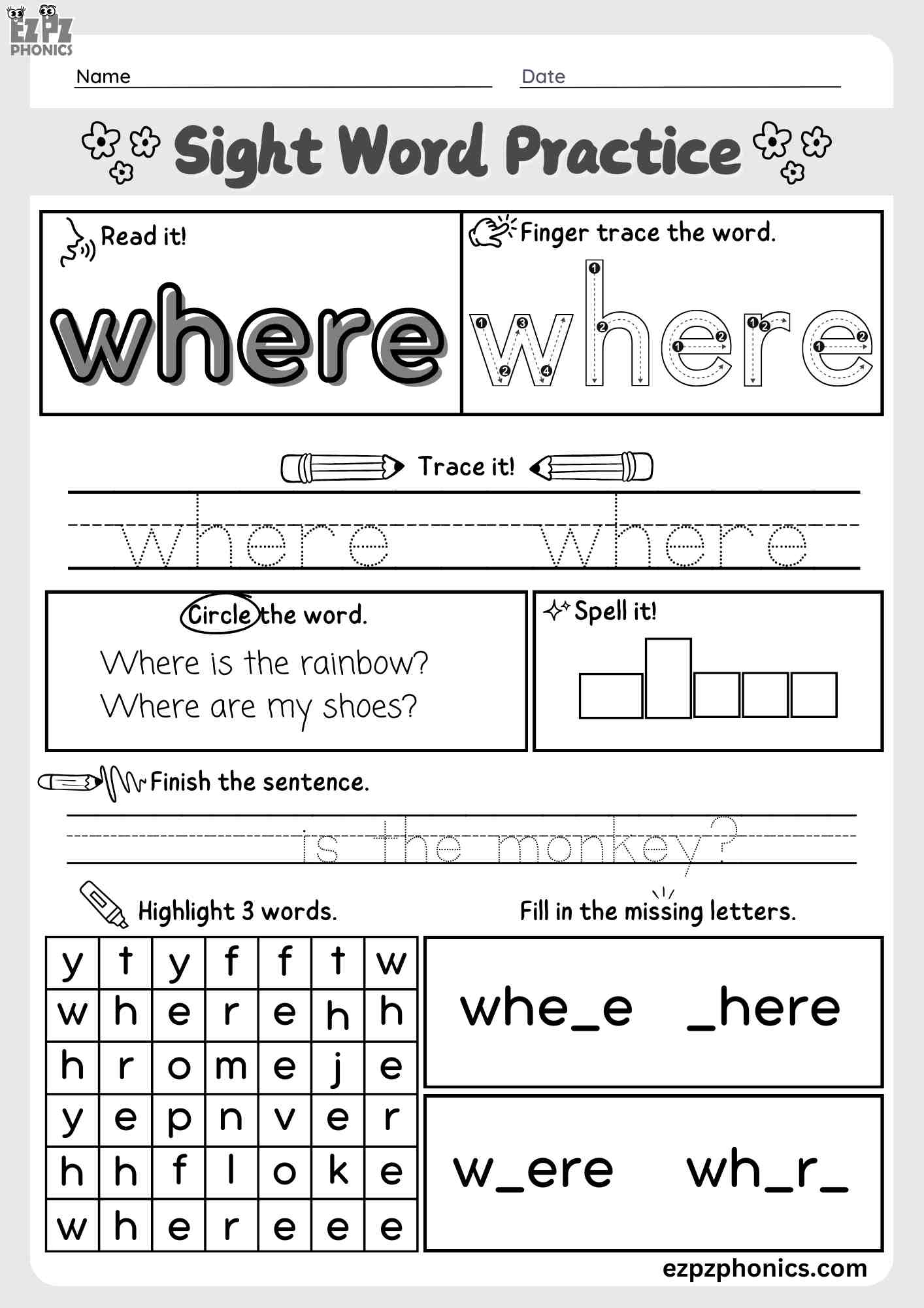 "Where" Dolch Sight Word Worksheet – Fun Activity for Early Readers ...