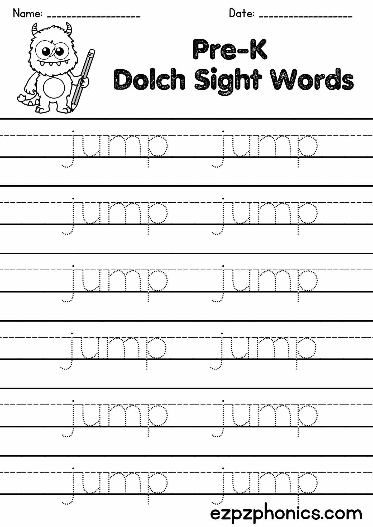 "jump" Sight Word Tracing Worksheet Pre Kindergarten – Free PDF ...