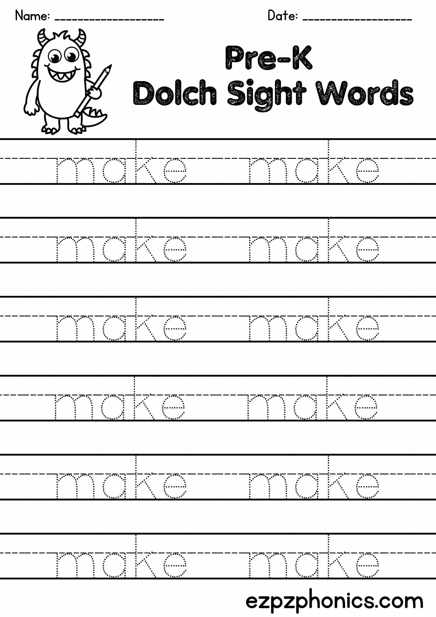"make" Sight Word Tracing Worksheet Pre Kindergarten – Free PDF ...