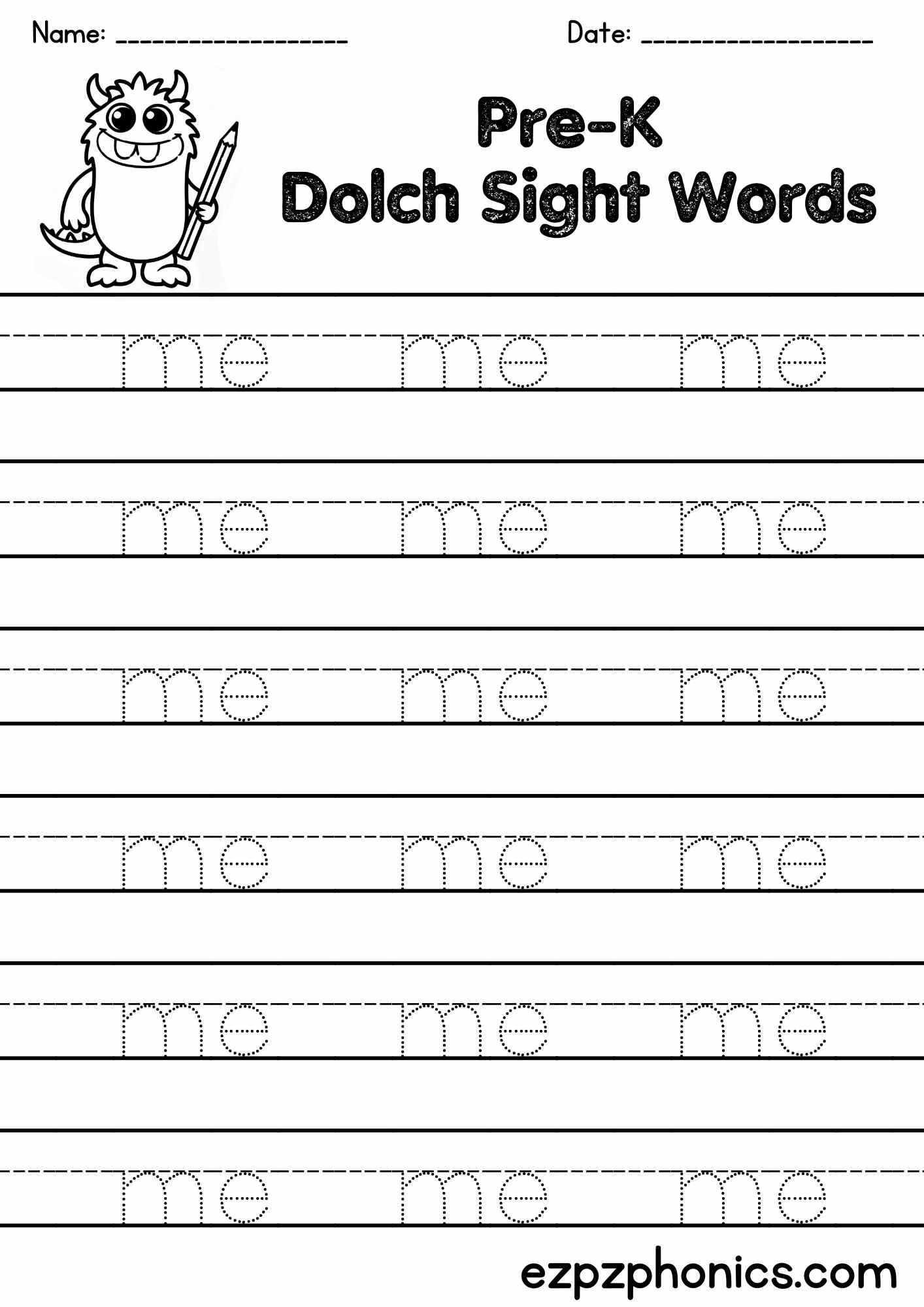 "me" Sight Word Tracing Worksheet Pre Kindergarten – Free PDF Download ...