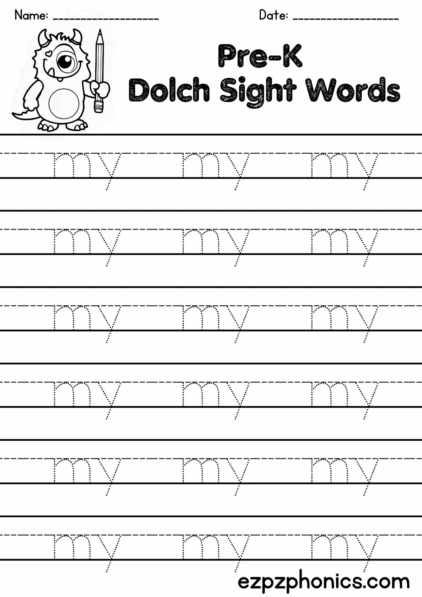 "my" Sight Word Tracing Worksheet Pre Kindergarten – Free PDF Download ...