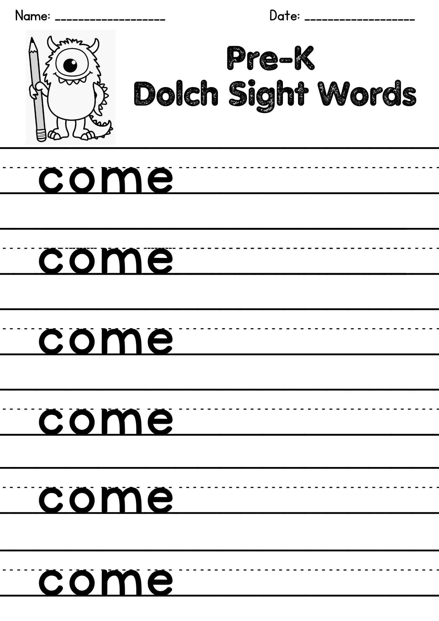 "come" Dolch Sight Word Writing Page – Free PDF Download - ezpzphonics.com