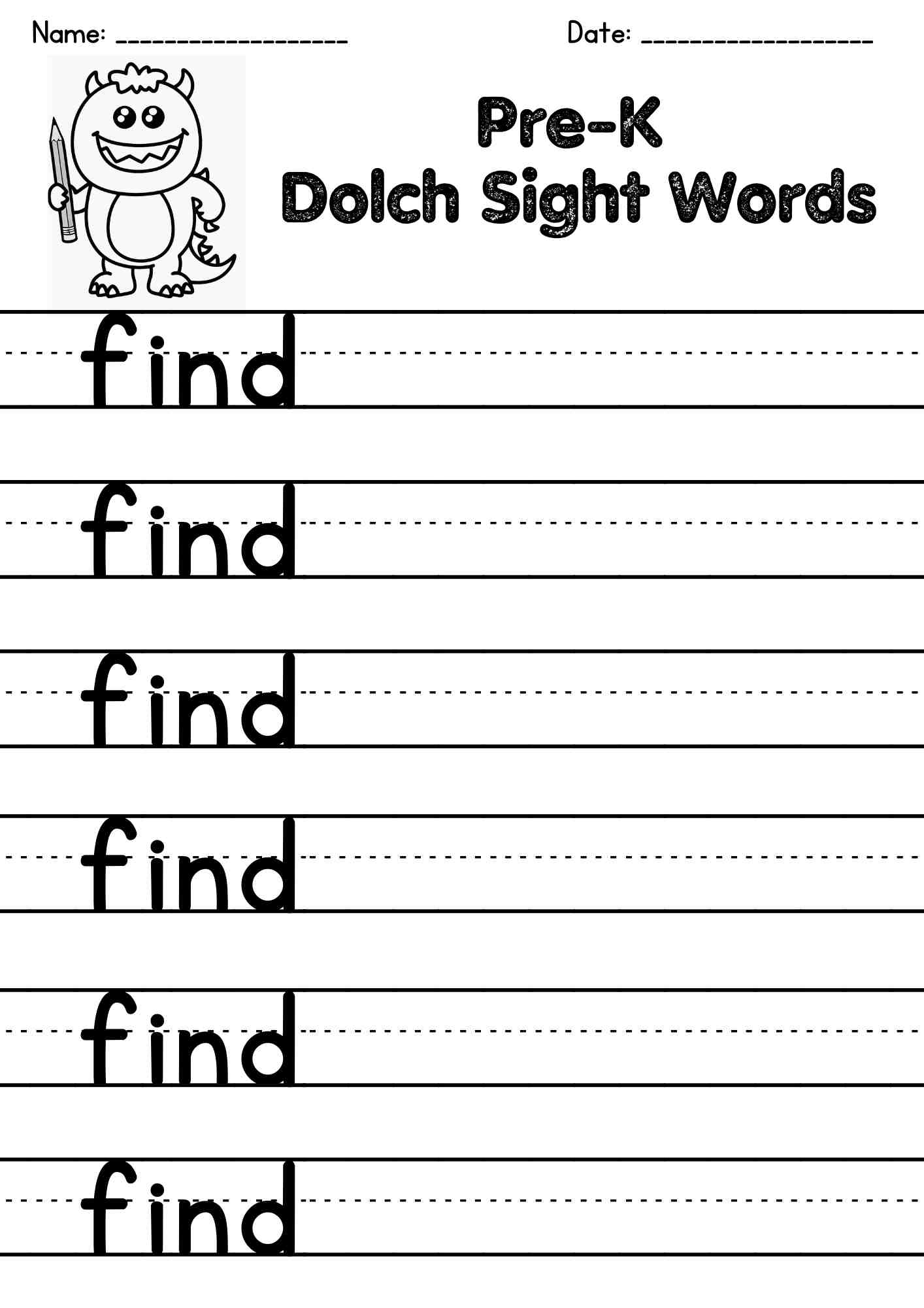 "find" Dolch Sight Word Writing Page – Free PDF Download - ezpzphonics.com