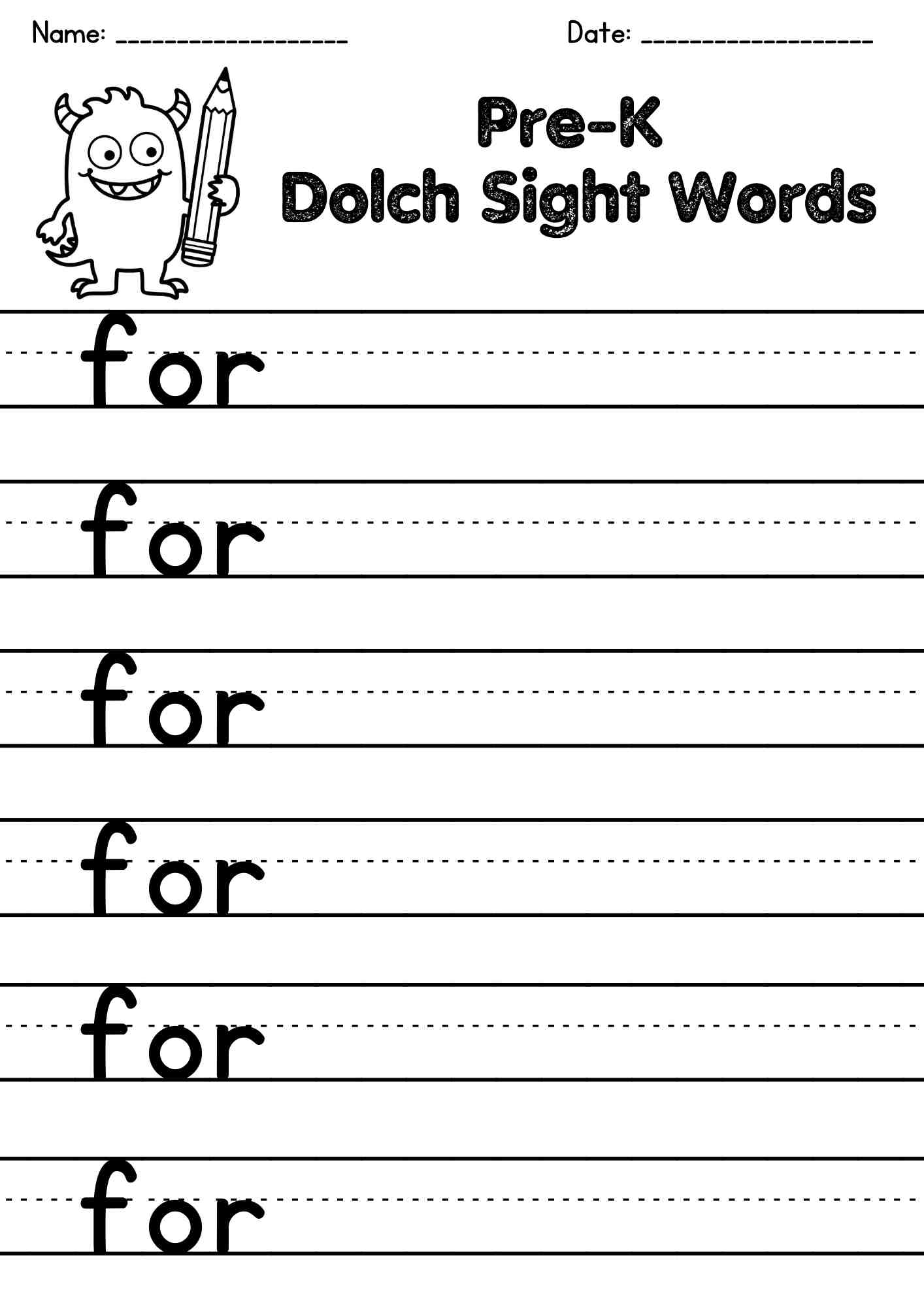 "for" Dolch Sight Word Writing Page – Free PDF Download - ezpzphonics.com