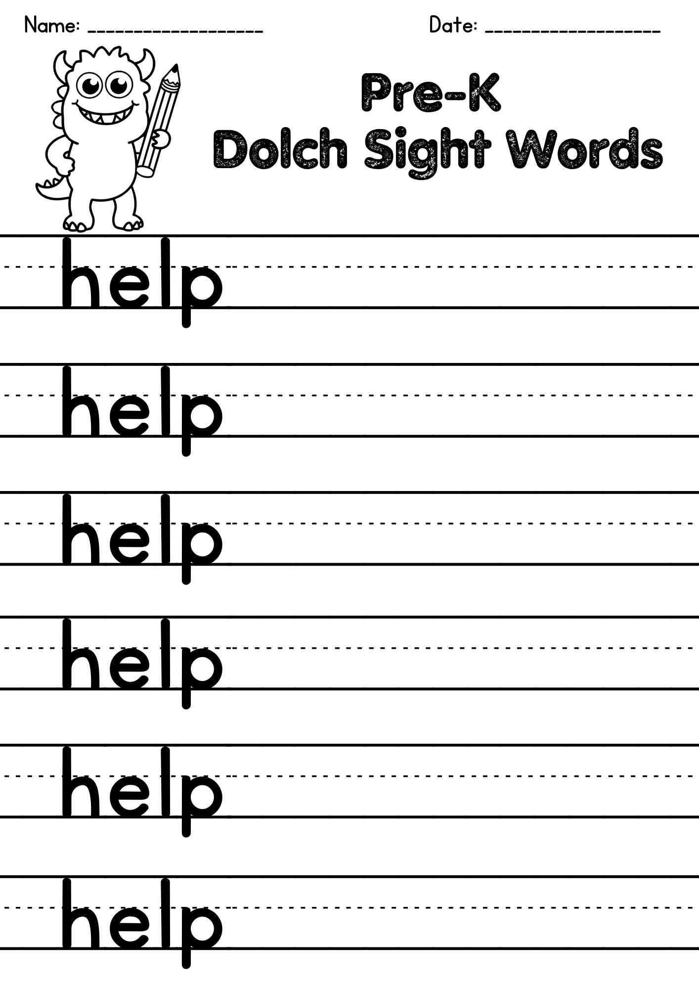 "help" Dolch Sight Word Writing Worksheets – Free PDF Download for ...