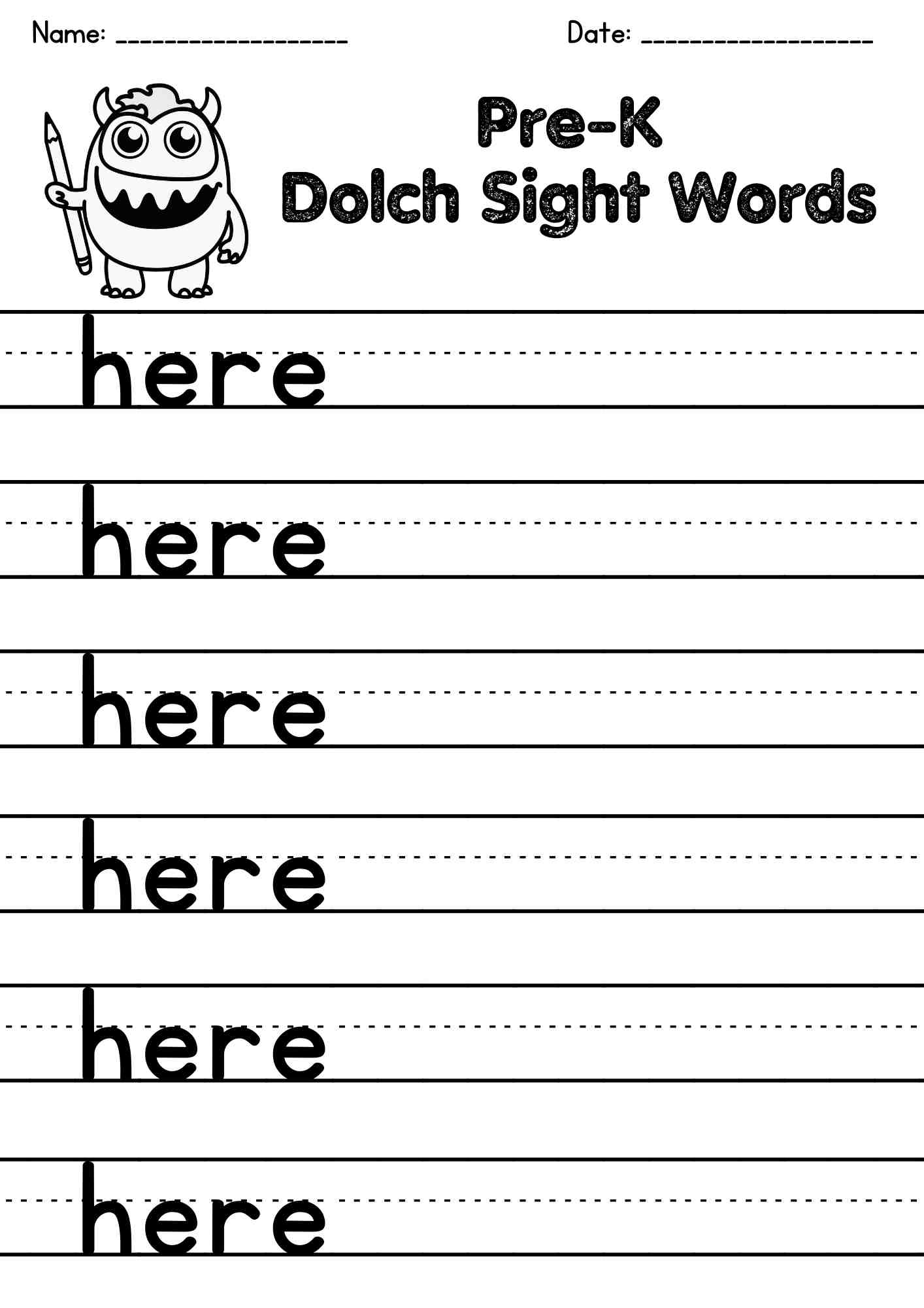 "here" Dolch Sight Word Writing Worksheets – Free PDF Download for ...