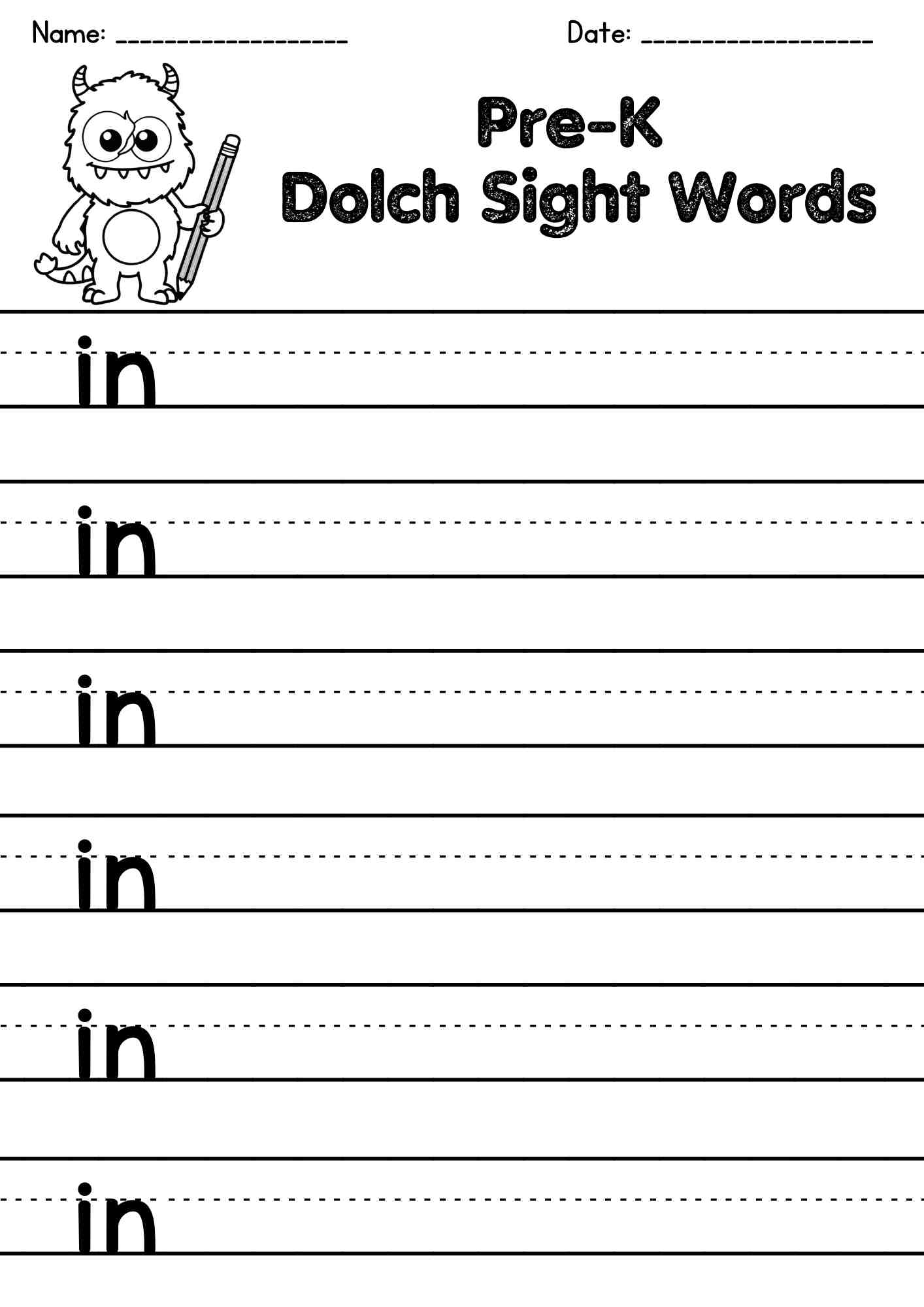 "in" Dolch Sight Word Writing Worksheets – Free PDF Download for Early ...