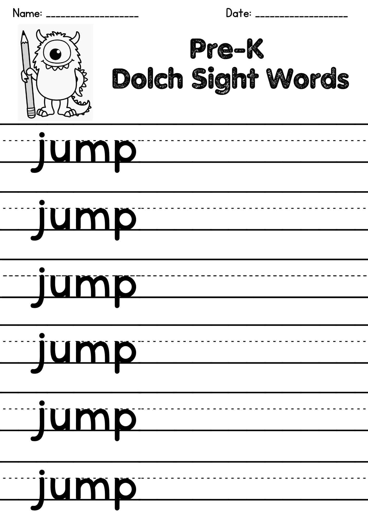 "jump" Dolch Sight Word Writing Worksheets – Free PDF Download for ...