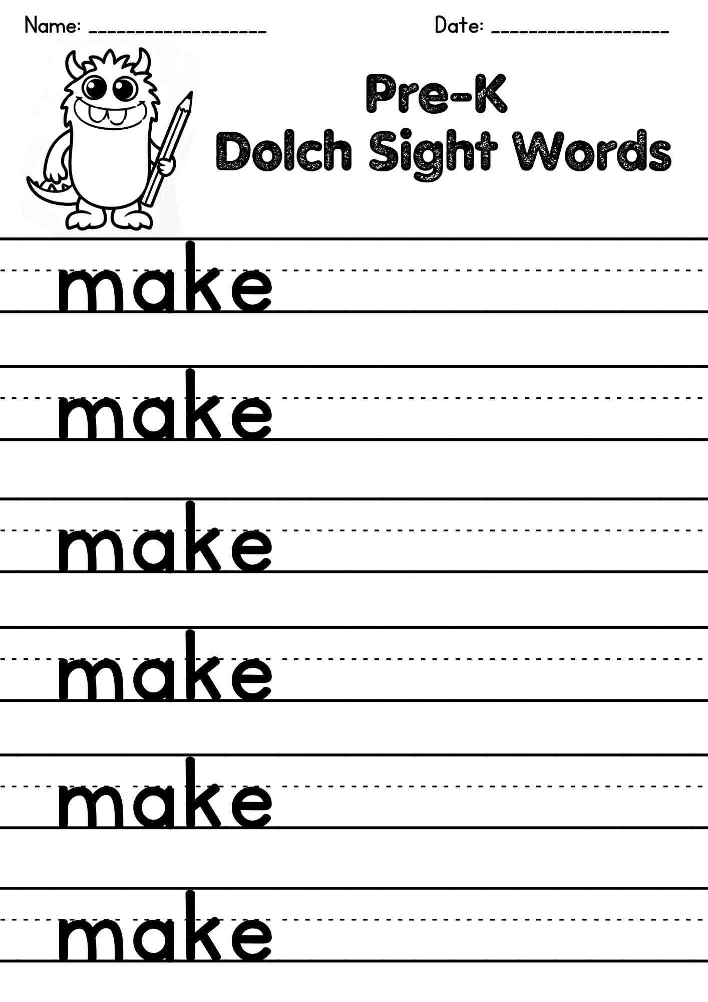 "make" Dolch Sight Word Writing Worksheets – Free PDF Download for ...