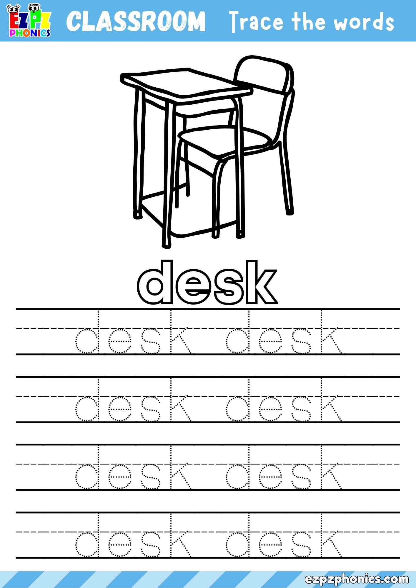 Desk - Classroom Objects Vocabulary Word Tracing Activity - Color the ...