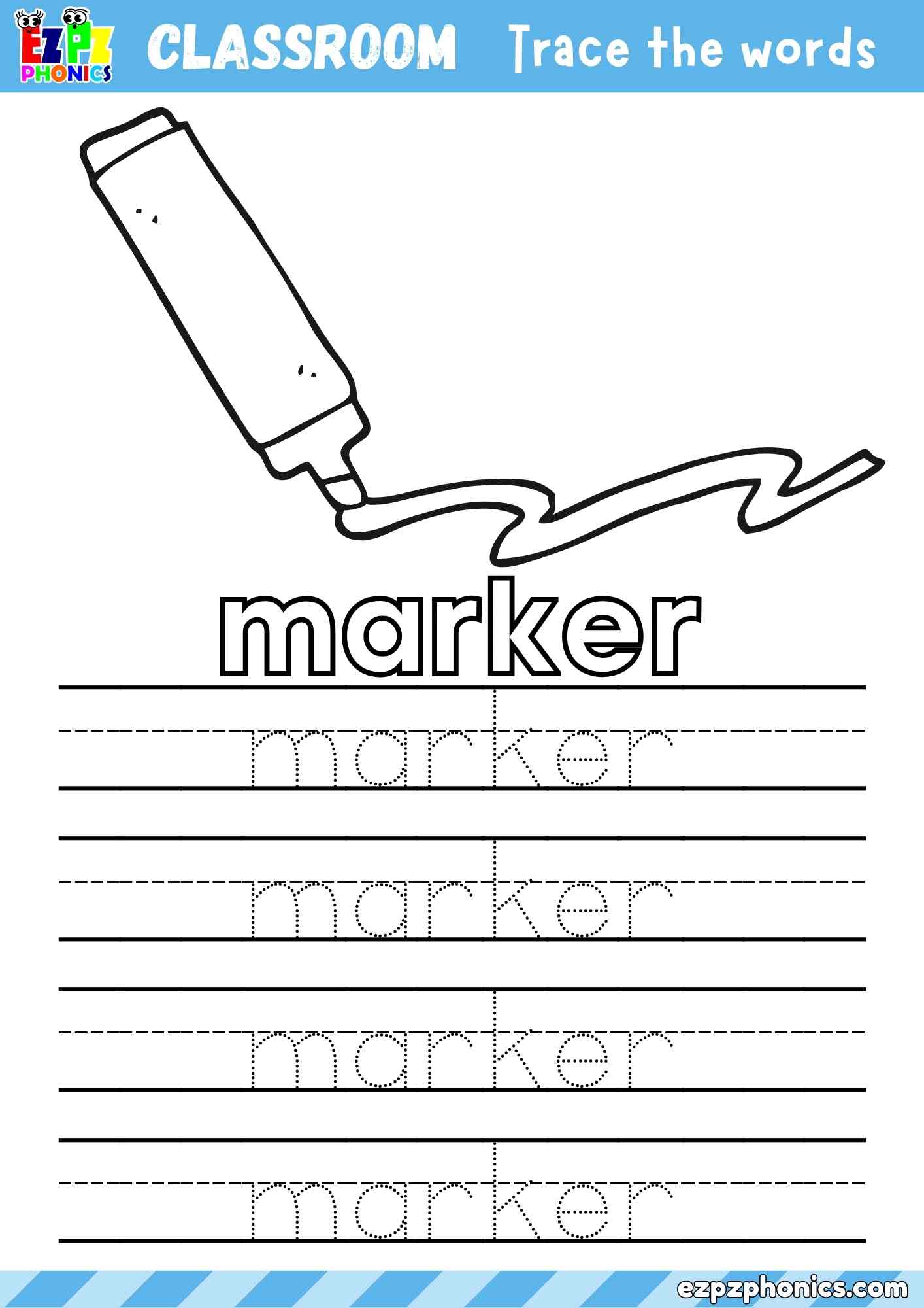 Marker - Classroom Objects Vocabulary Word Tracing Activity - Color the ...