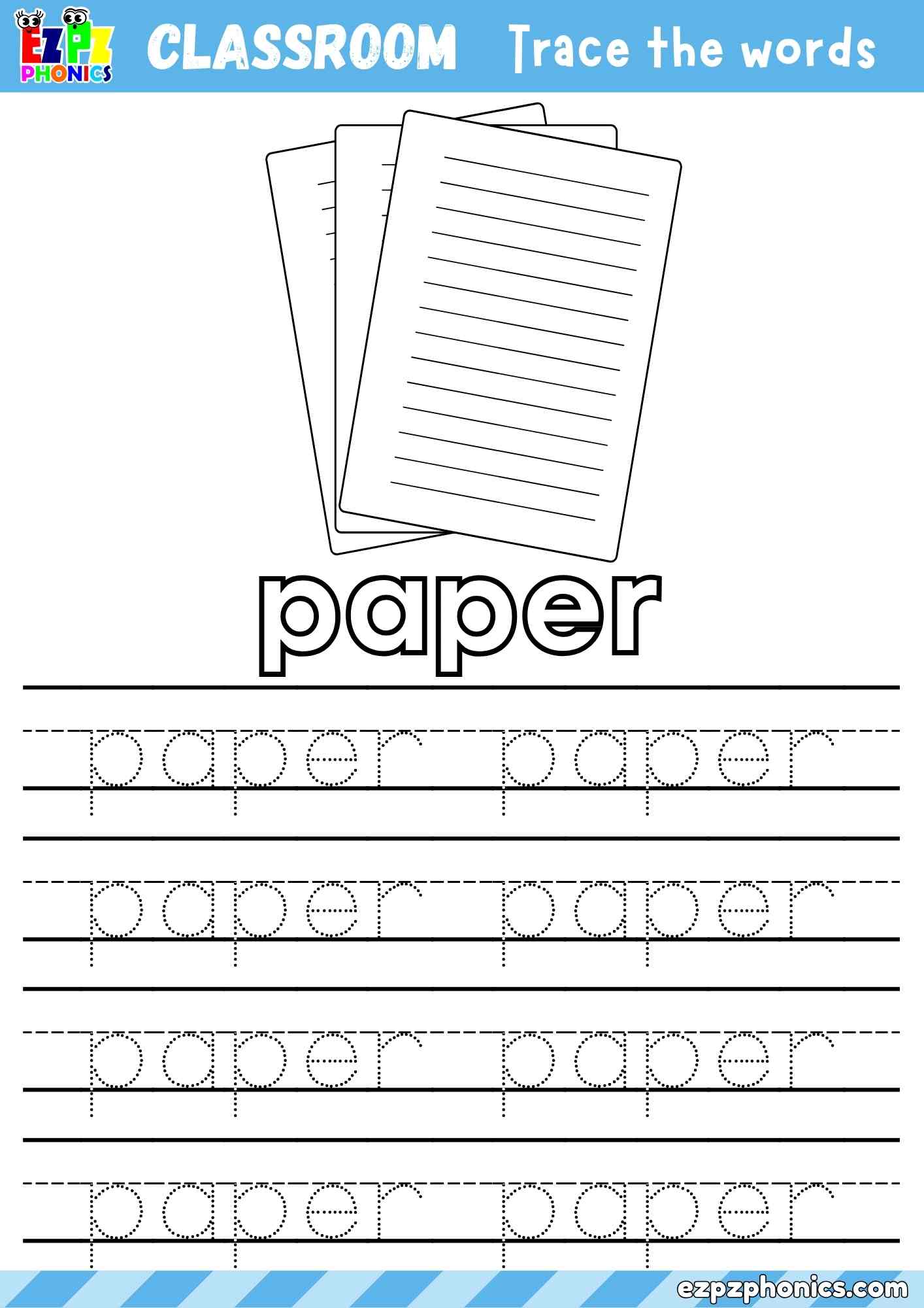Paper - Classroom Objects Vocabulary Word Tracing Activity - Color the ...