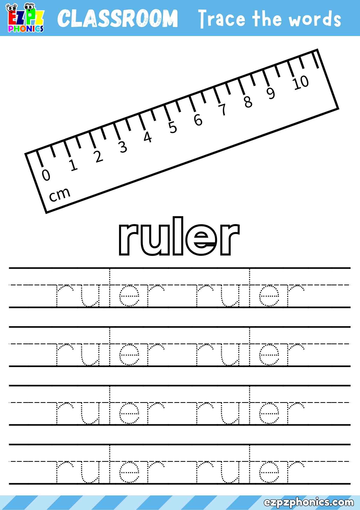 Ruler - Classroom Objects Vocabulary Word Tracing Activity - Color the ...