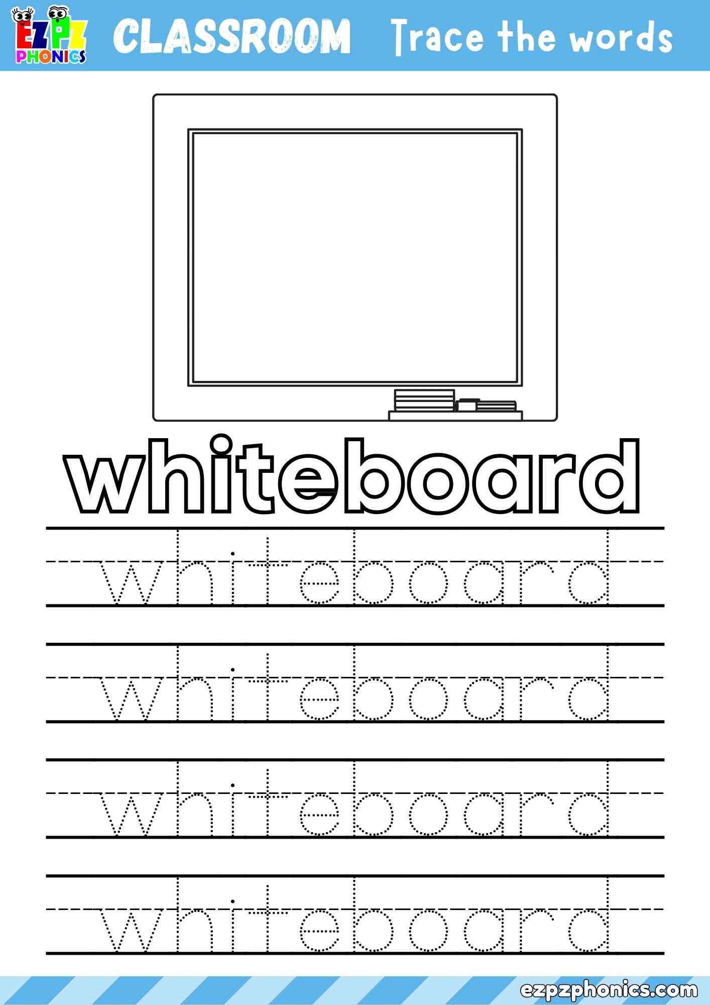 Whiteboard - Classroom Objects Vocabulary Word Tracing Activity - Color ...