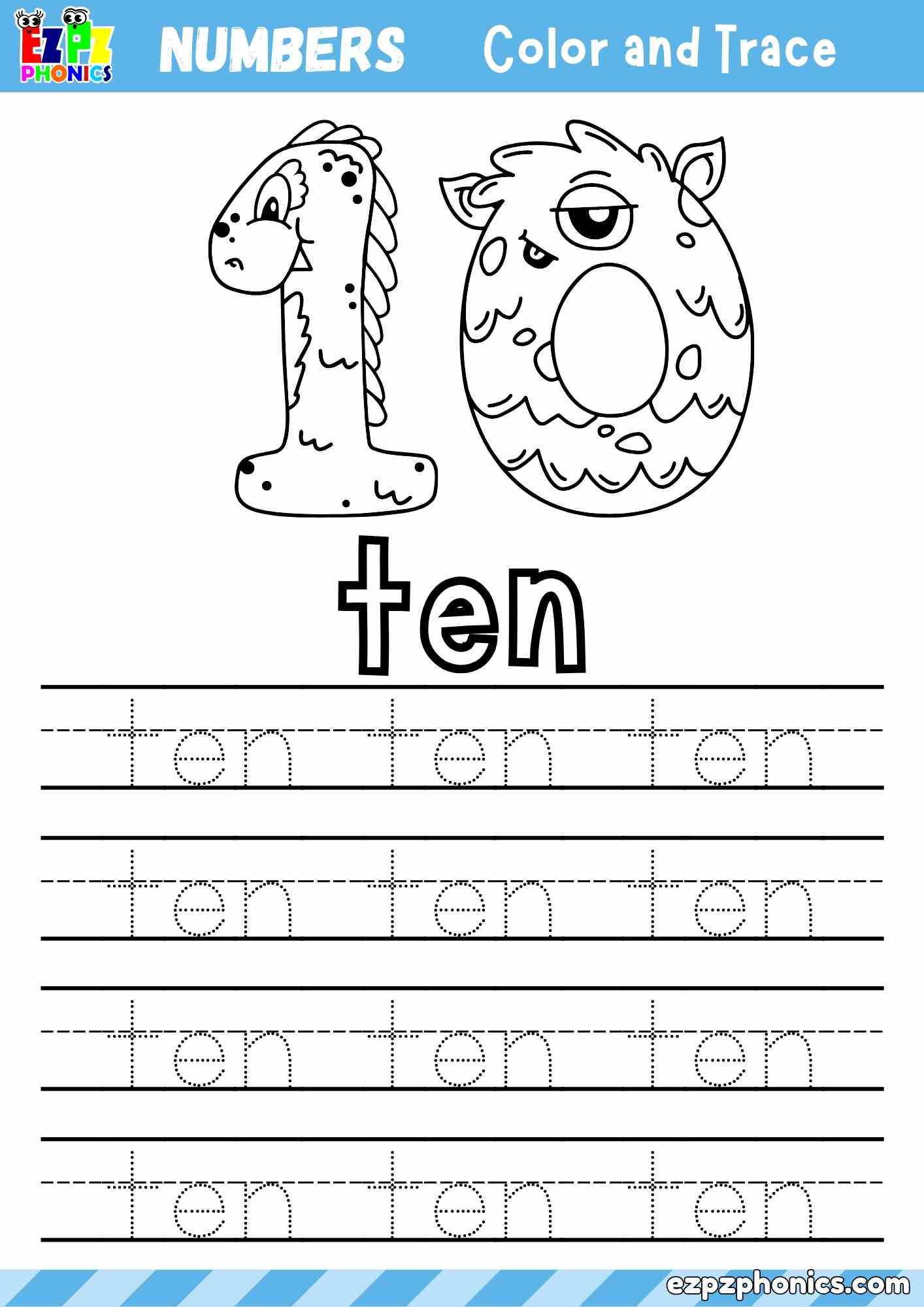 Number Ten Word Tracing Activity (Free PDF Download) - ezpzphonics.com