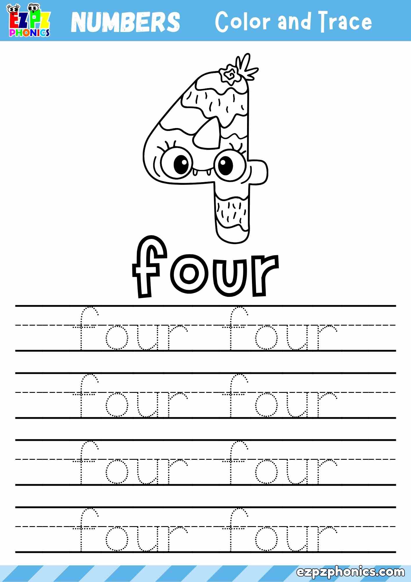Number Four Word Tracing Activity (Free PDF Download) - ezpzphonics.com