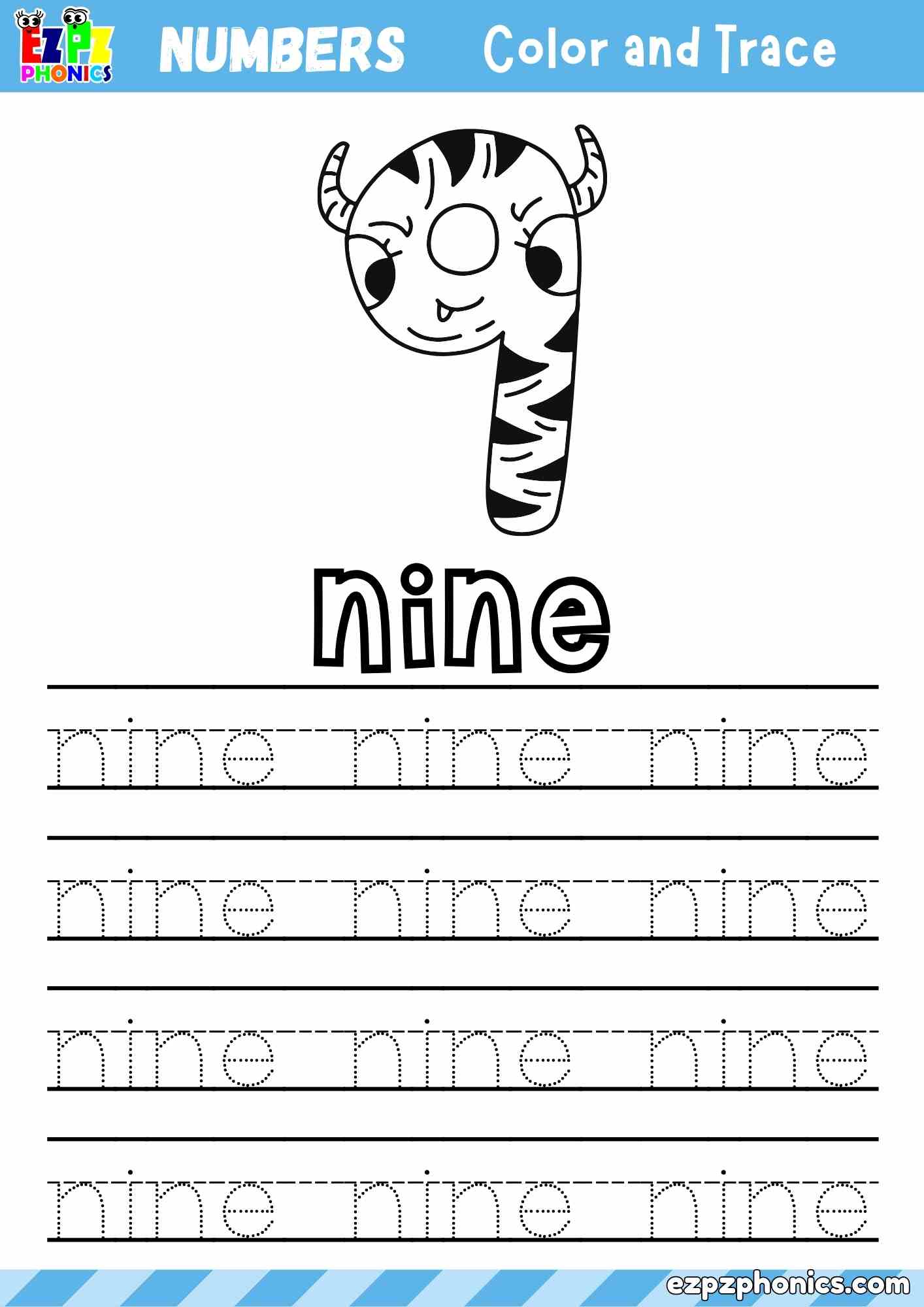 Number Nine Word Tracing Activity (Free PDF Download) - ezpzphonics.com