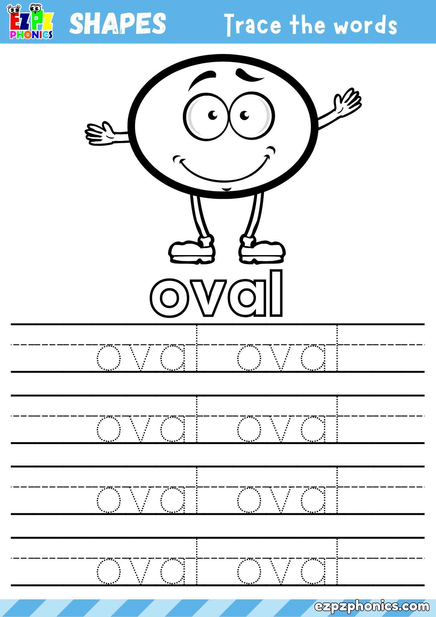 Oval Shape - Color the Shape and Trace the Words Activity - ezpzphonics.com