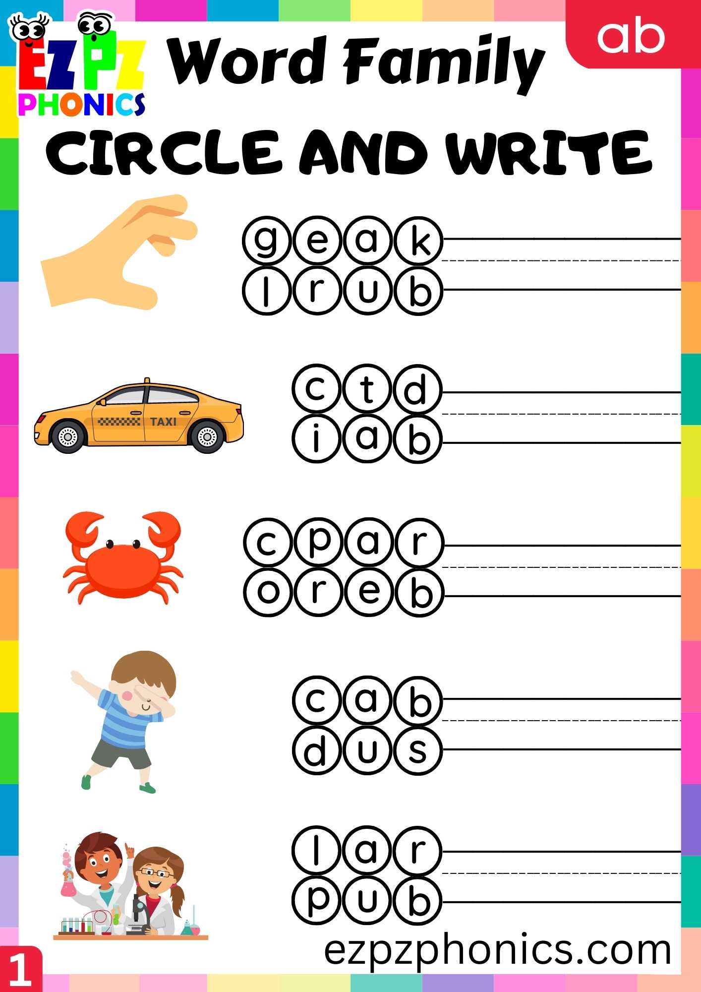 AB Words Circle And Write Phonics Word Families Worksheet - ezpzphonics.com