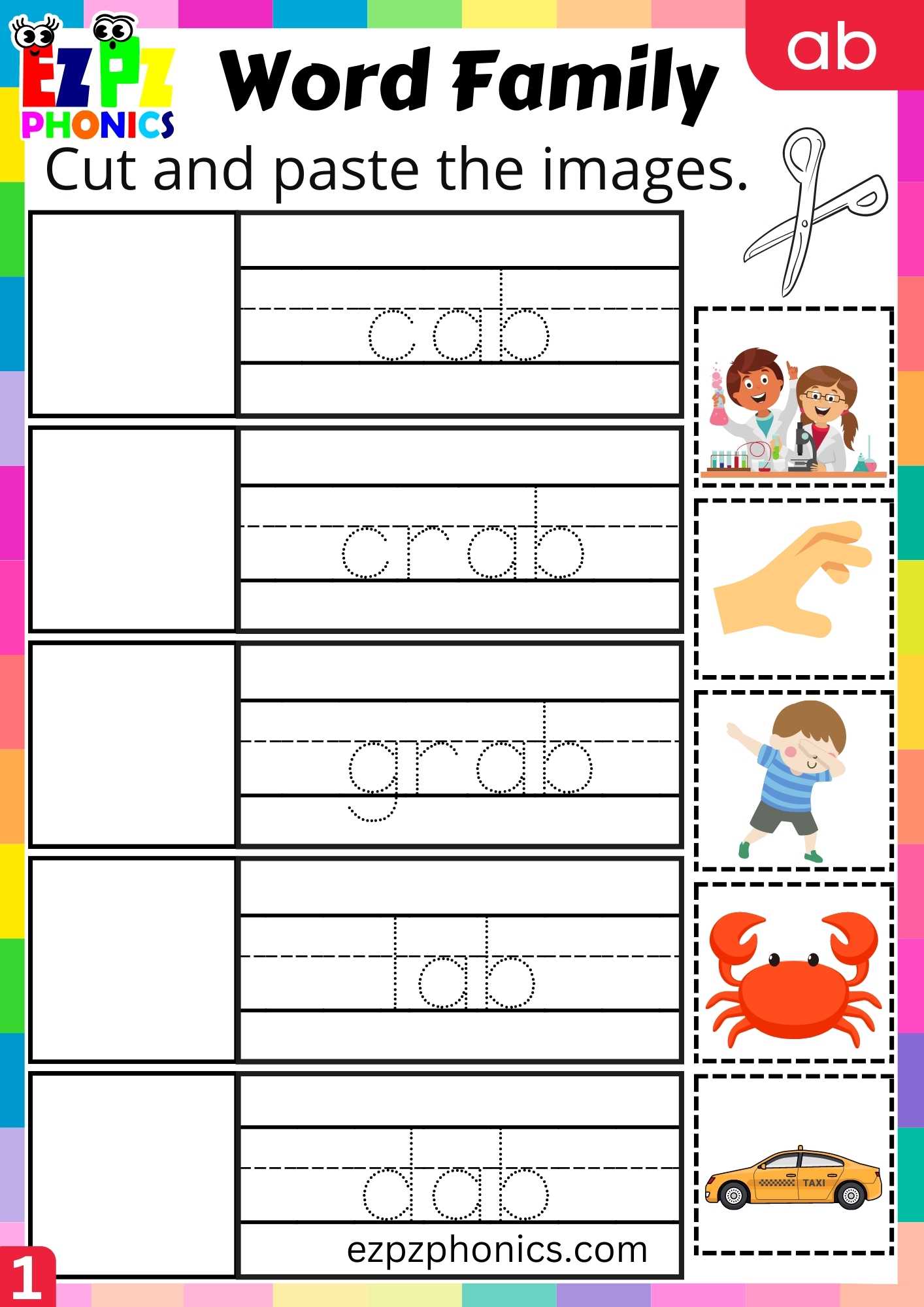 AB Words Cut And Paste The Images Phonics Word Families Worksheet ...