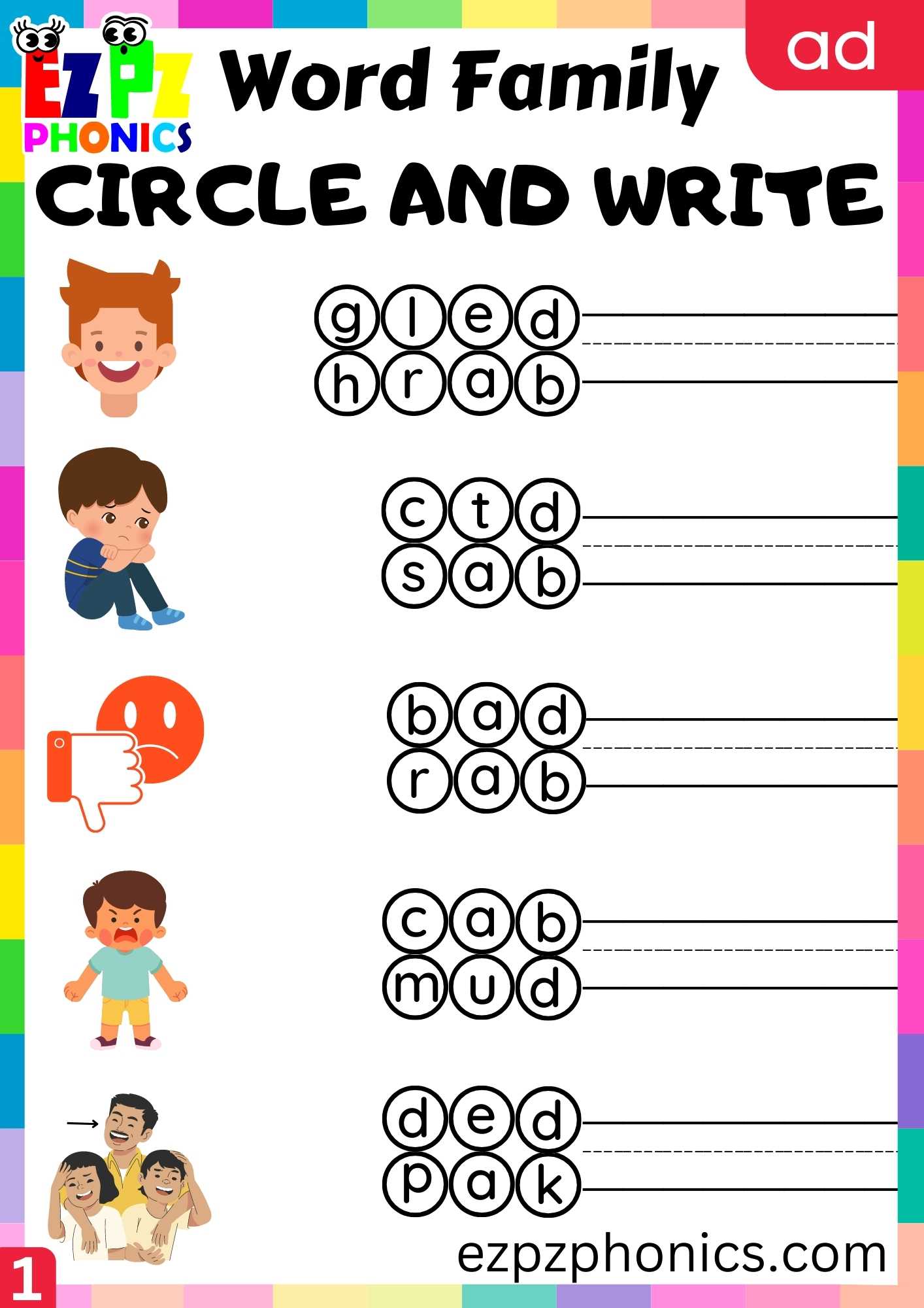 AD Words Circle And Write Phonics Word Families Worksheet - ezpzphonics.com